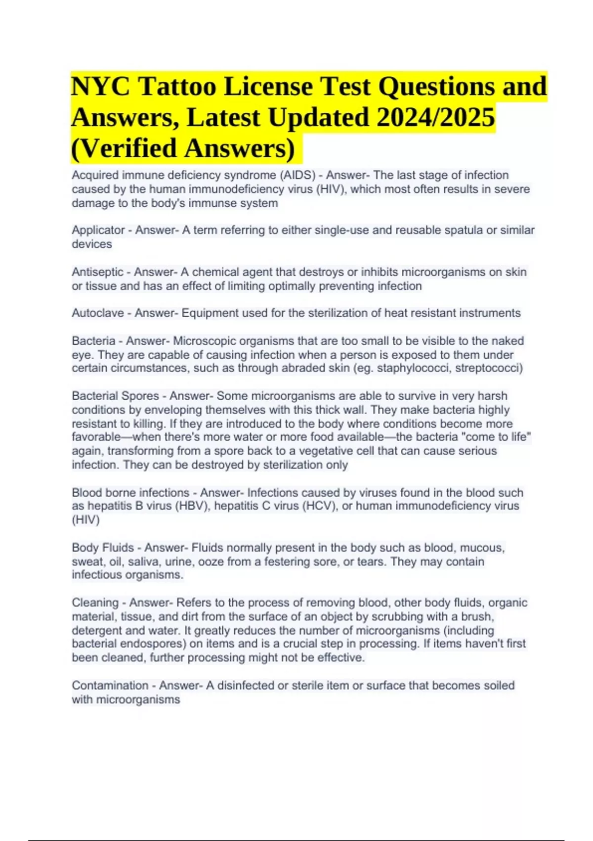 NYC Tattoo License Test Questions and Answers, Latest Updated 2024/2025 ...