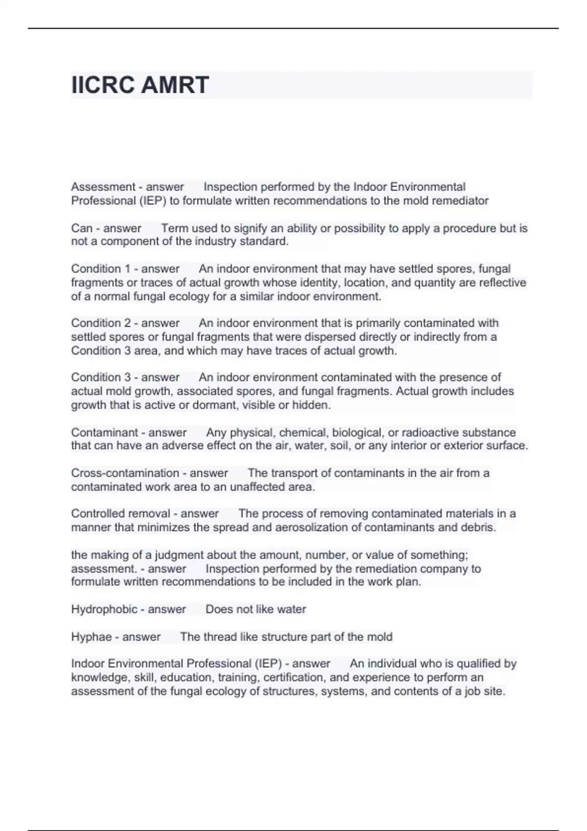IICRC AMRT QUESTIONS WITH CORRECT ANSWERS 2024 - IICRC - Stuvia US