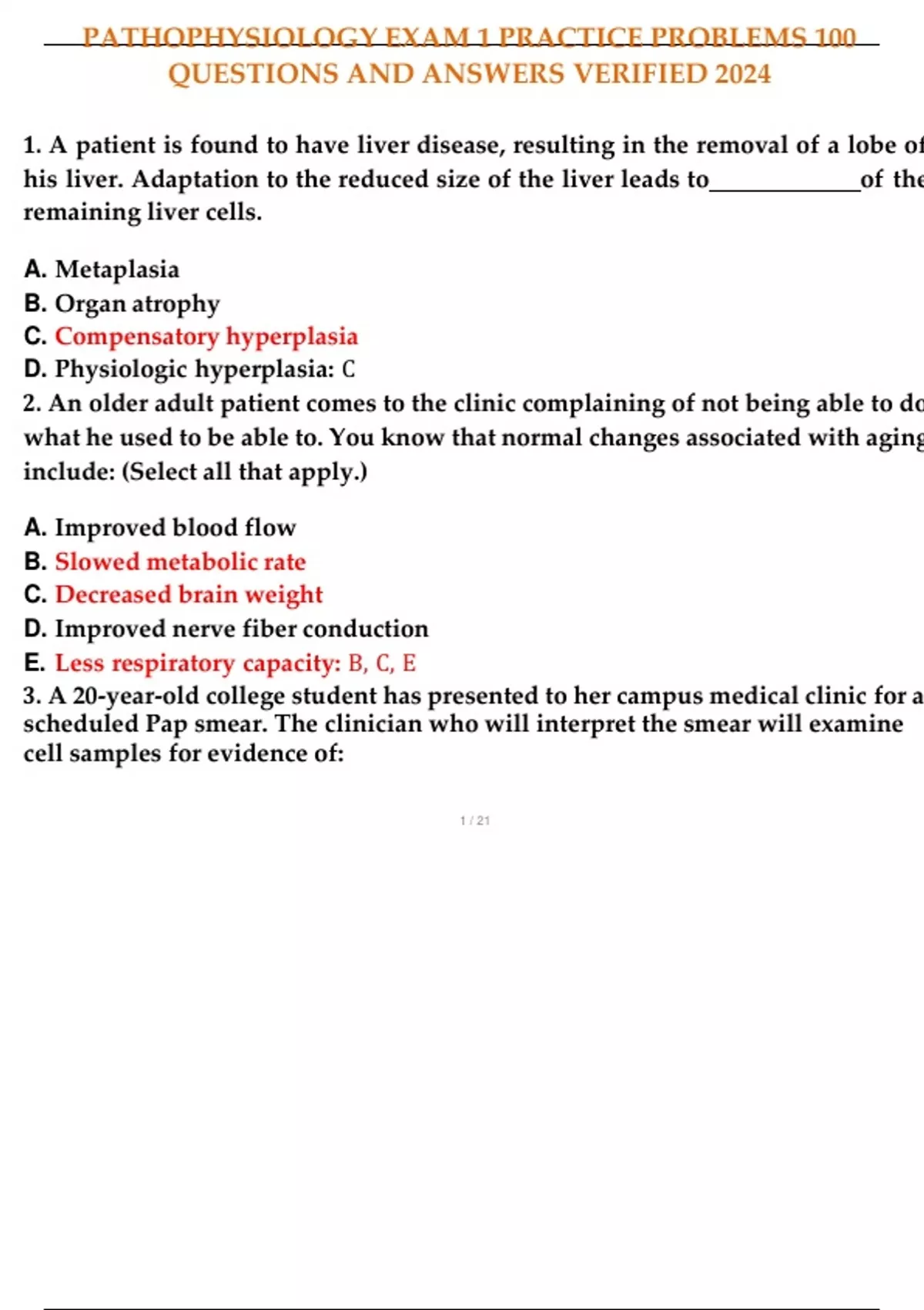 PATHOPHYSIOLOGY EXAM 1 PRACTICE PROBLEMS 100 QUESTIONS AND ANSWERS VERIFIED 2024 ...