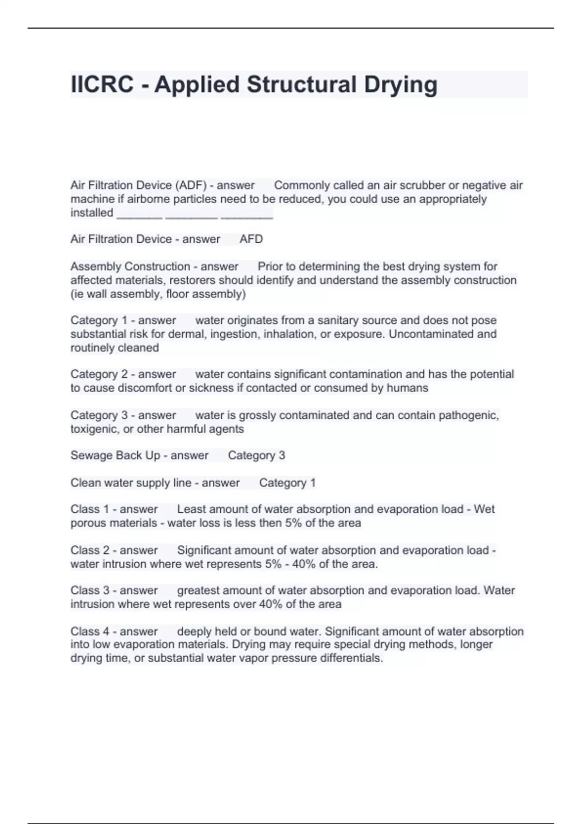 IICRC - Applied Structural Drying Questions with correct Answers 2024 - IICRC - Stuvia US