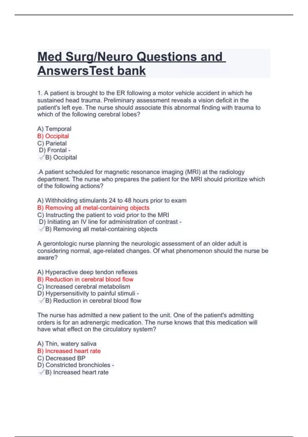 Med Surg Neuro Questions and AnswersTest bank - Neurology - Stuvia US