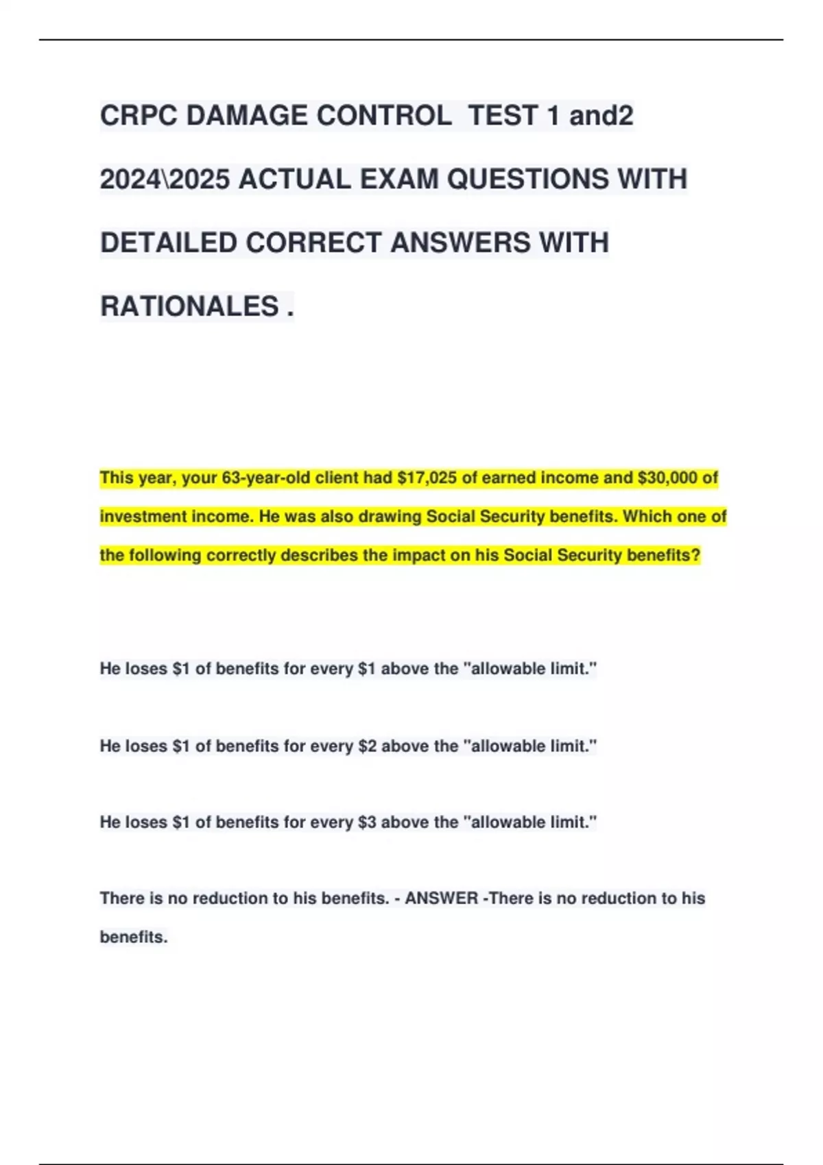 CRPC DAMAGE CONTROL TEST 1 and ACTUAL EXAM QUESTIONS WITH DETAILED ...