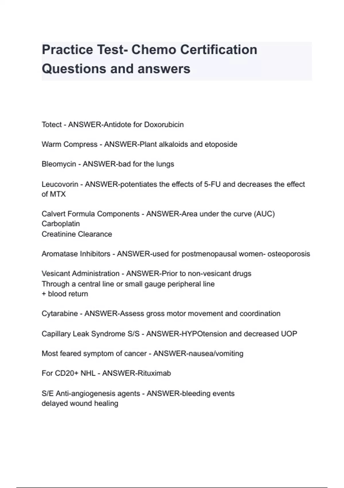 Practice Test- Chemo Certification Questions and answers - Oncology ...