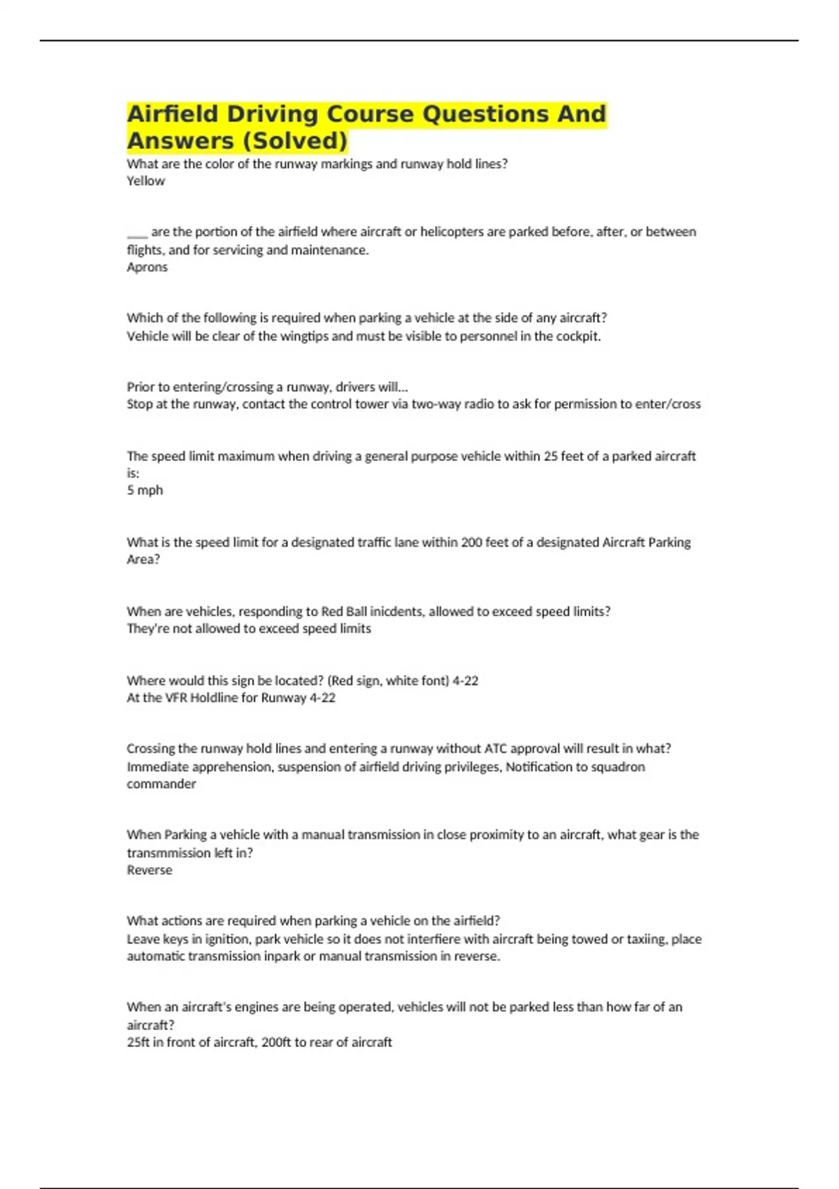 Airfield Driving Course Questions And Answers (Solved) - Airfield ...