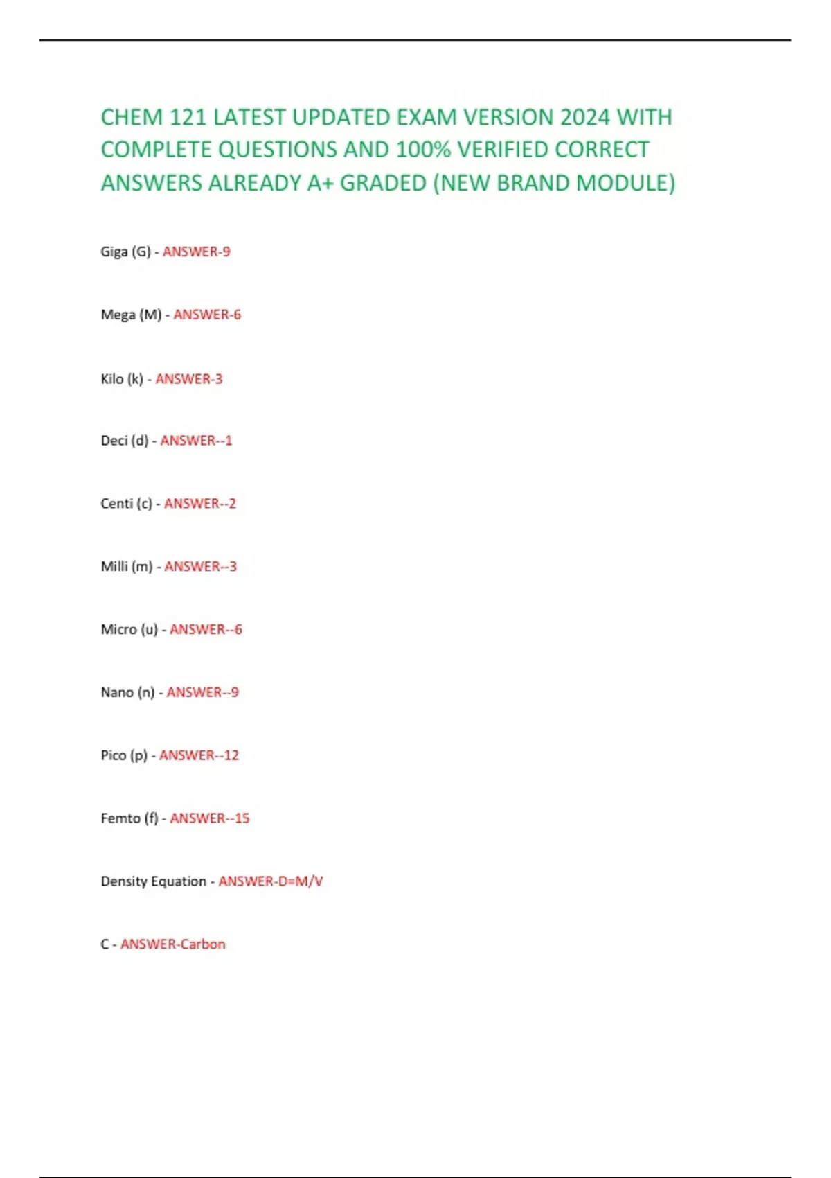 CHEM 121 LATEST UPDATED EXAM VERSION 2024 WITH COMPLETE QUESTIONS AND ...