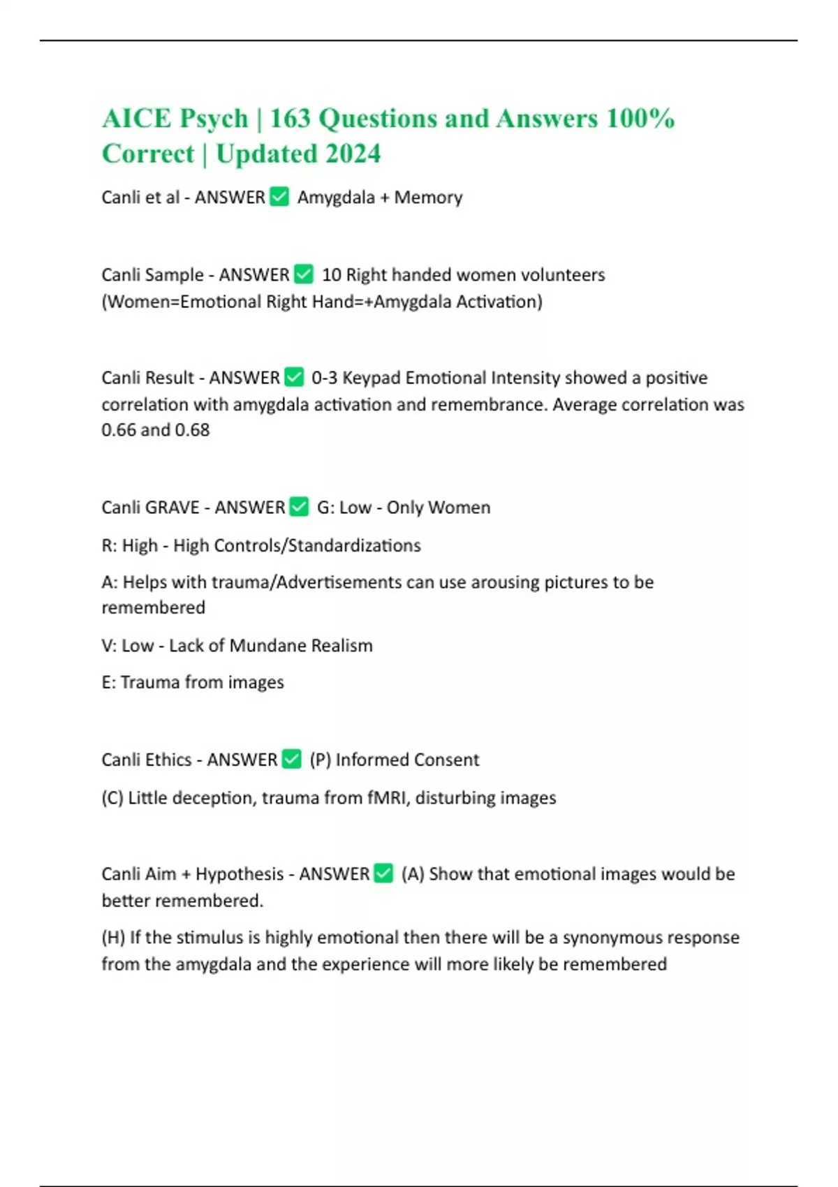 AICE Psych | 163 Questions and Answers 100% Correct | Updated 2024 ...