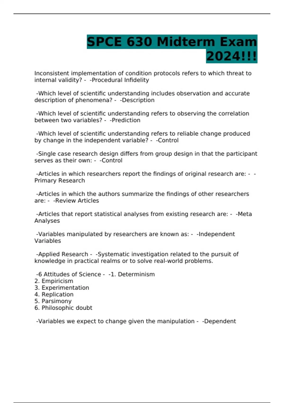 SPCE 630 Midterm Exam 2024!!! - SPCE 630 - Stuvia US