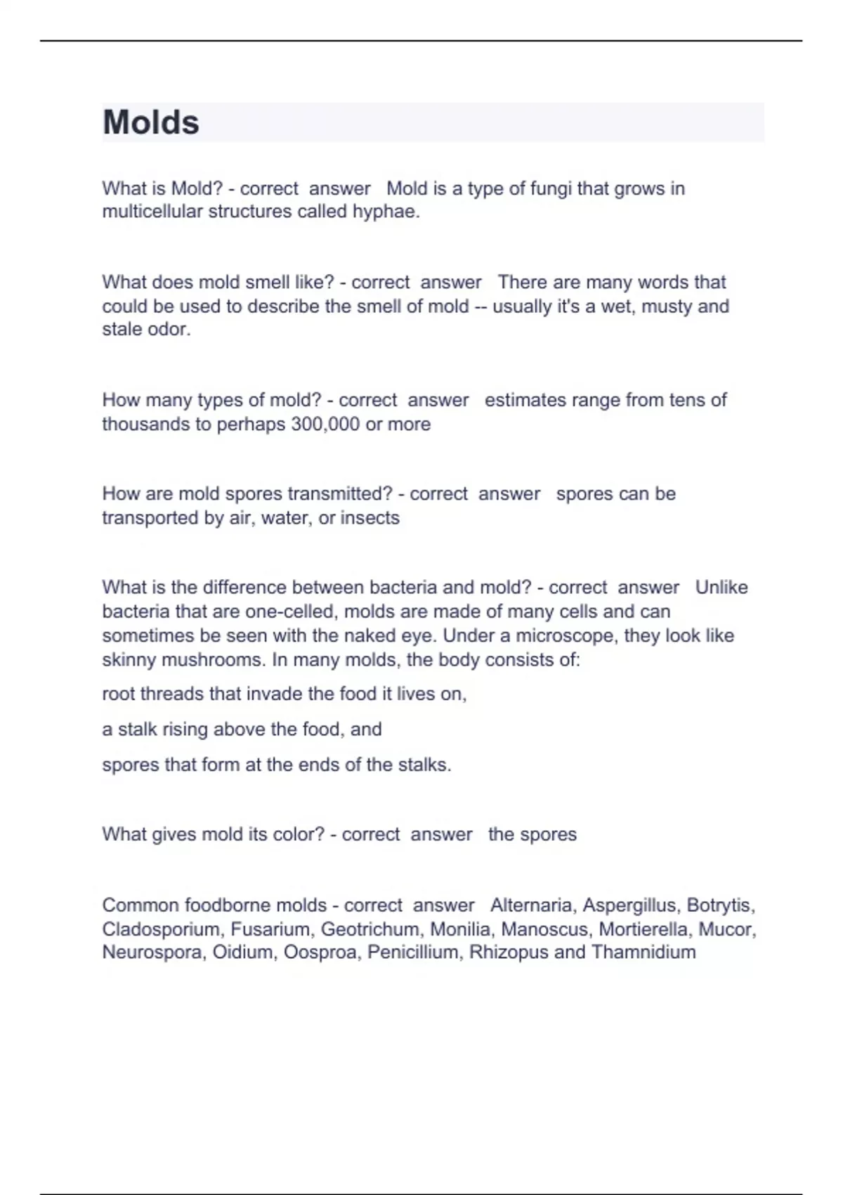 Molds questions with complete solutions - MOLD - Stuvia US