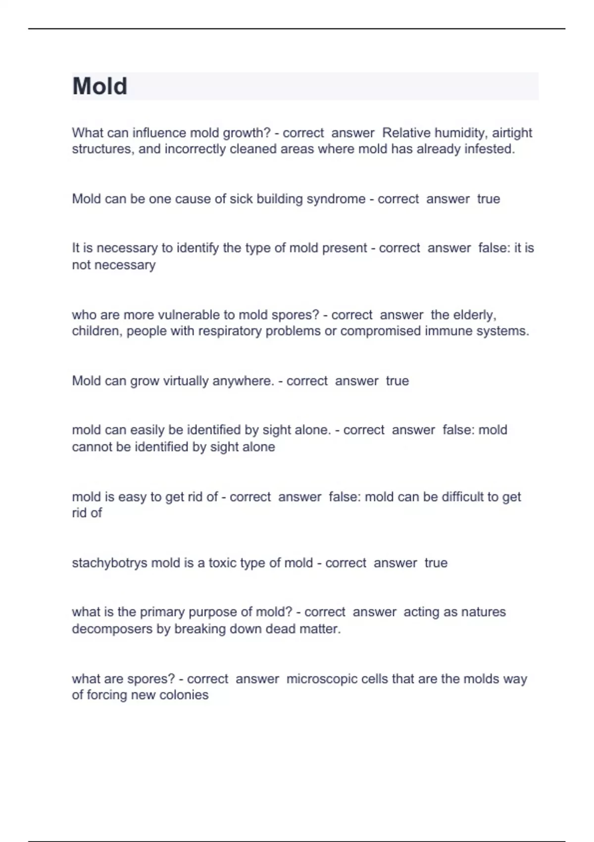 Mold questions with correct answers 2024 - MOLD - Stuvia US