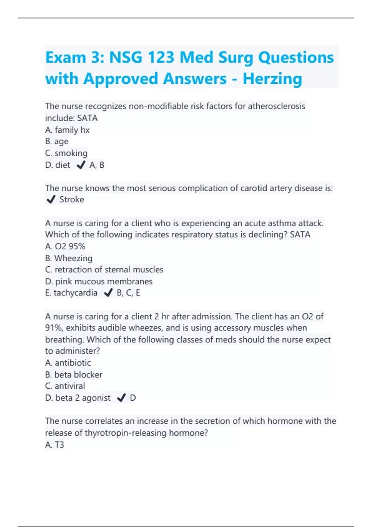 Exam 3: NSG 123 Med Surg Questions with Approved Answers |Latest 2024/ ...