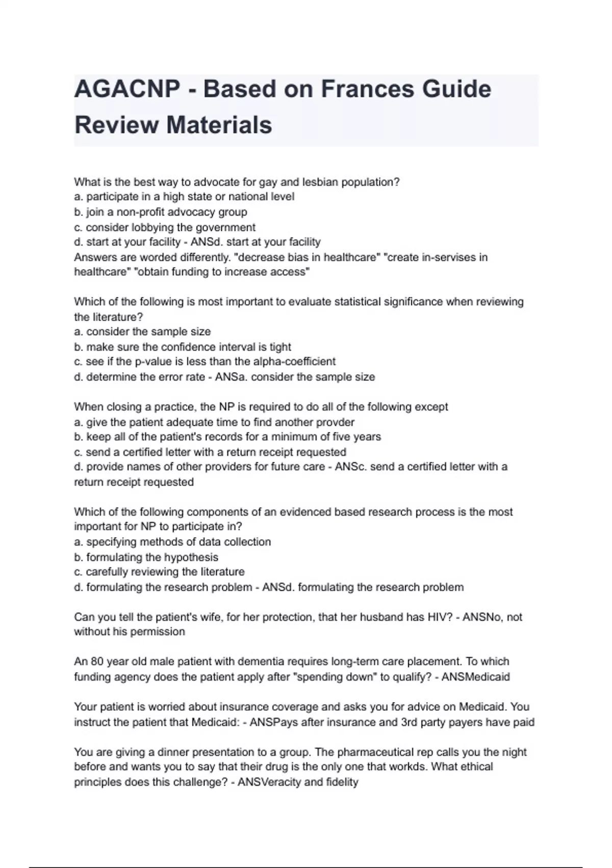 AGACNP - Based on Frances Guide Review Materials questions and answers ...