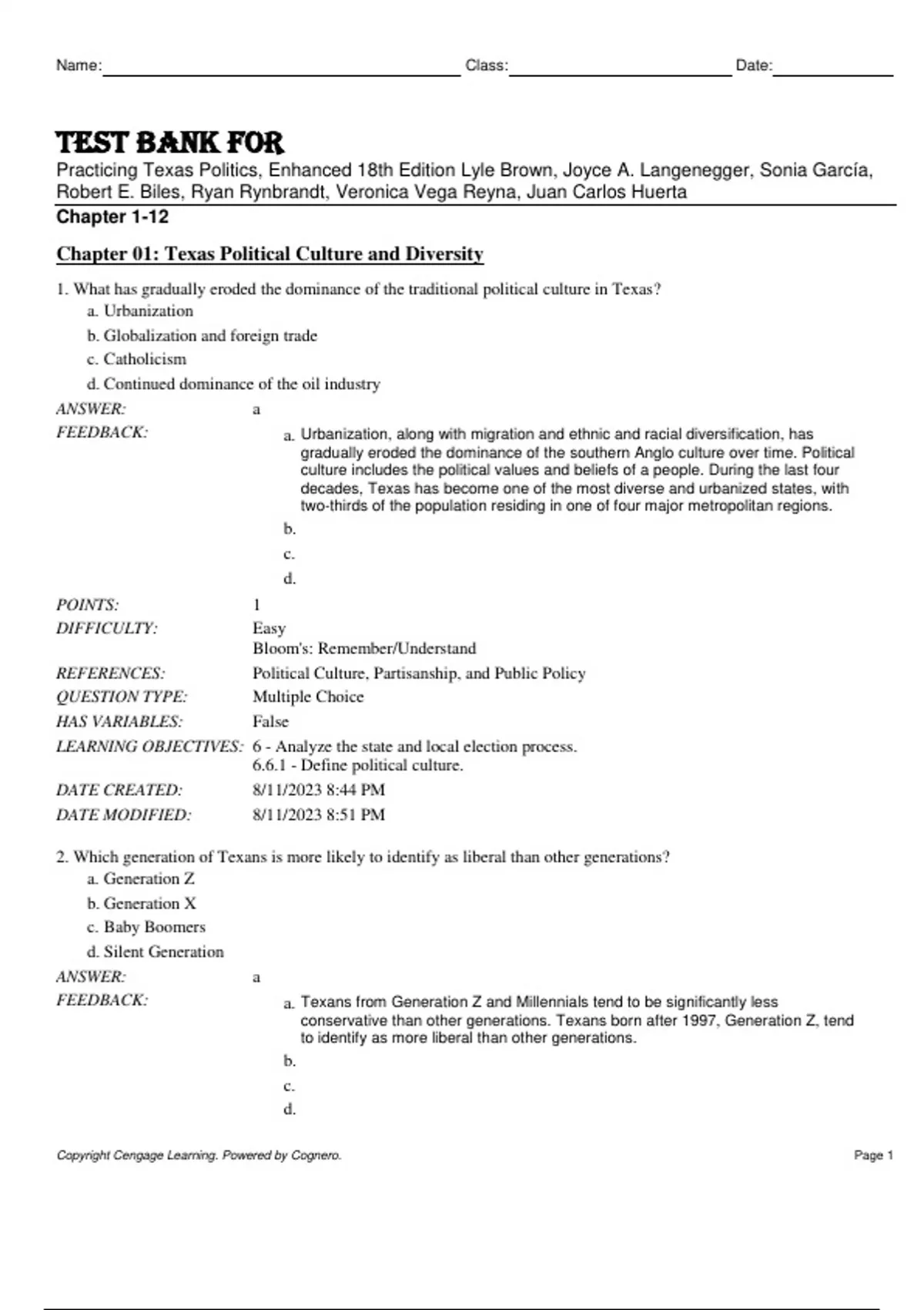 Test Bank For Practicing Texas Politics, Enhanced 18th Edition by Lyle ...