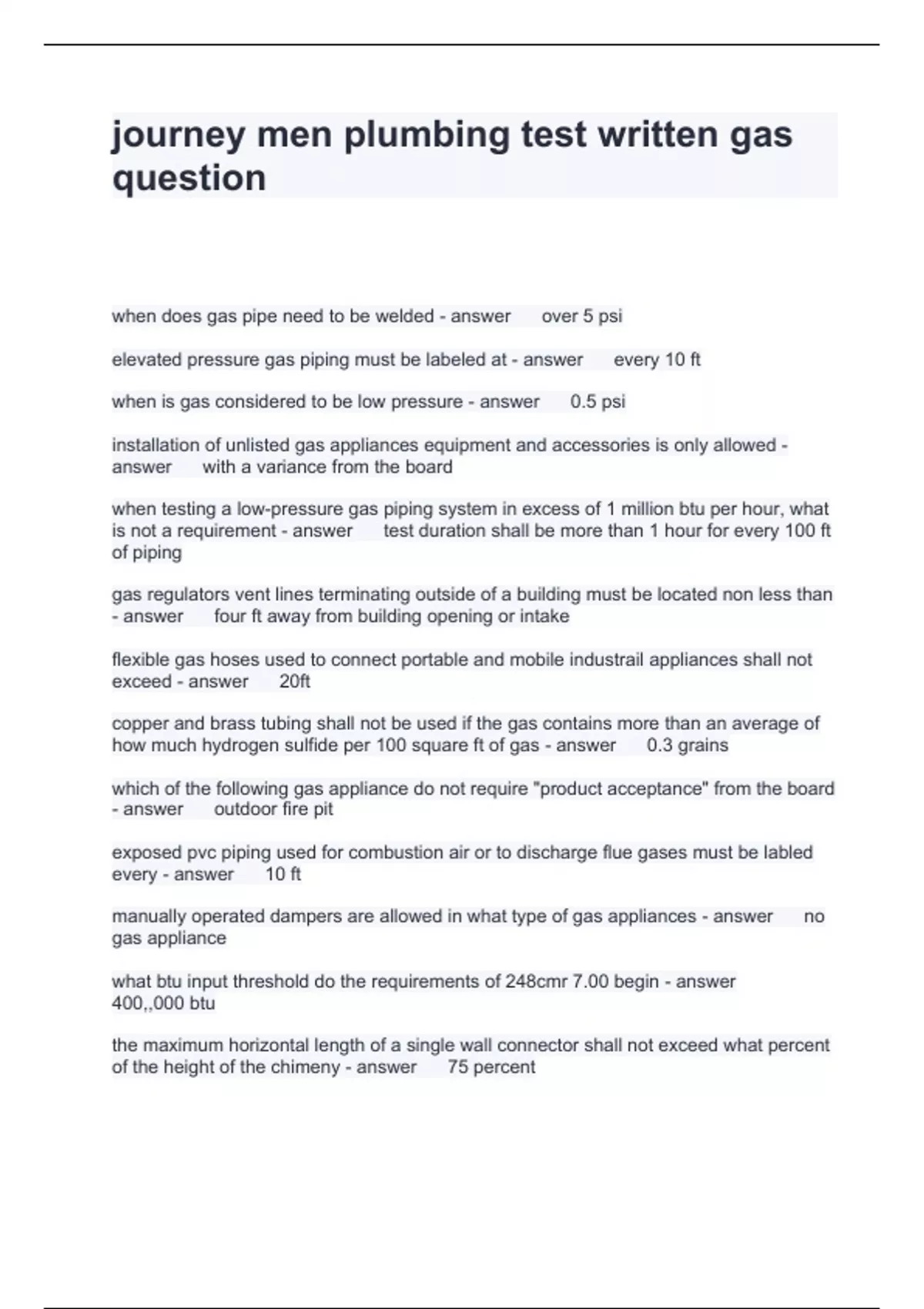 journey men plumbing test written gas question Questions and Answers ...