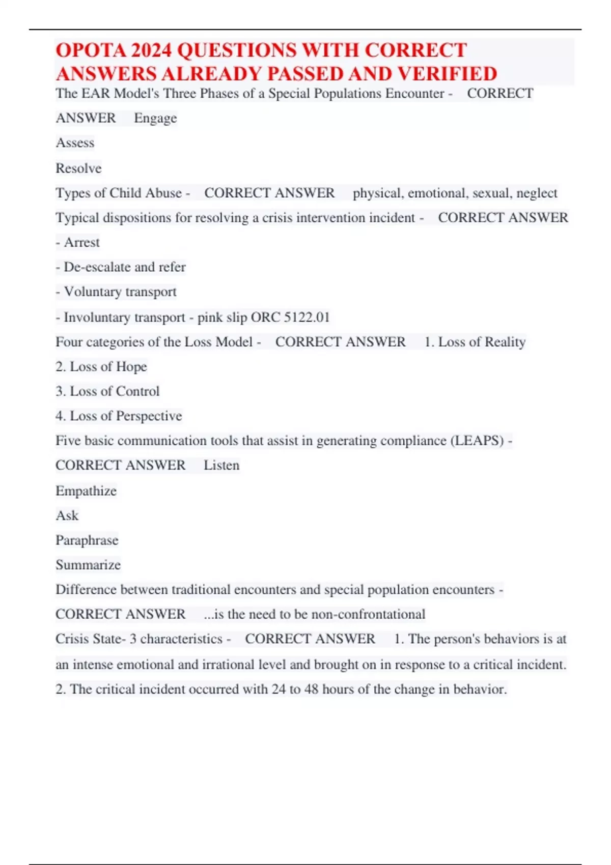 OPOTA 2024 QUESTIONS WITH CORRECT ANSWERS ALREADY PASSED AND VERIFIED ...