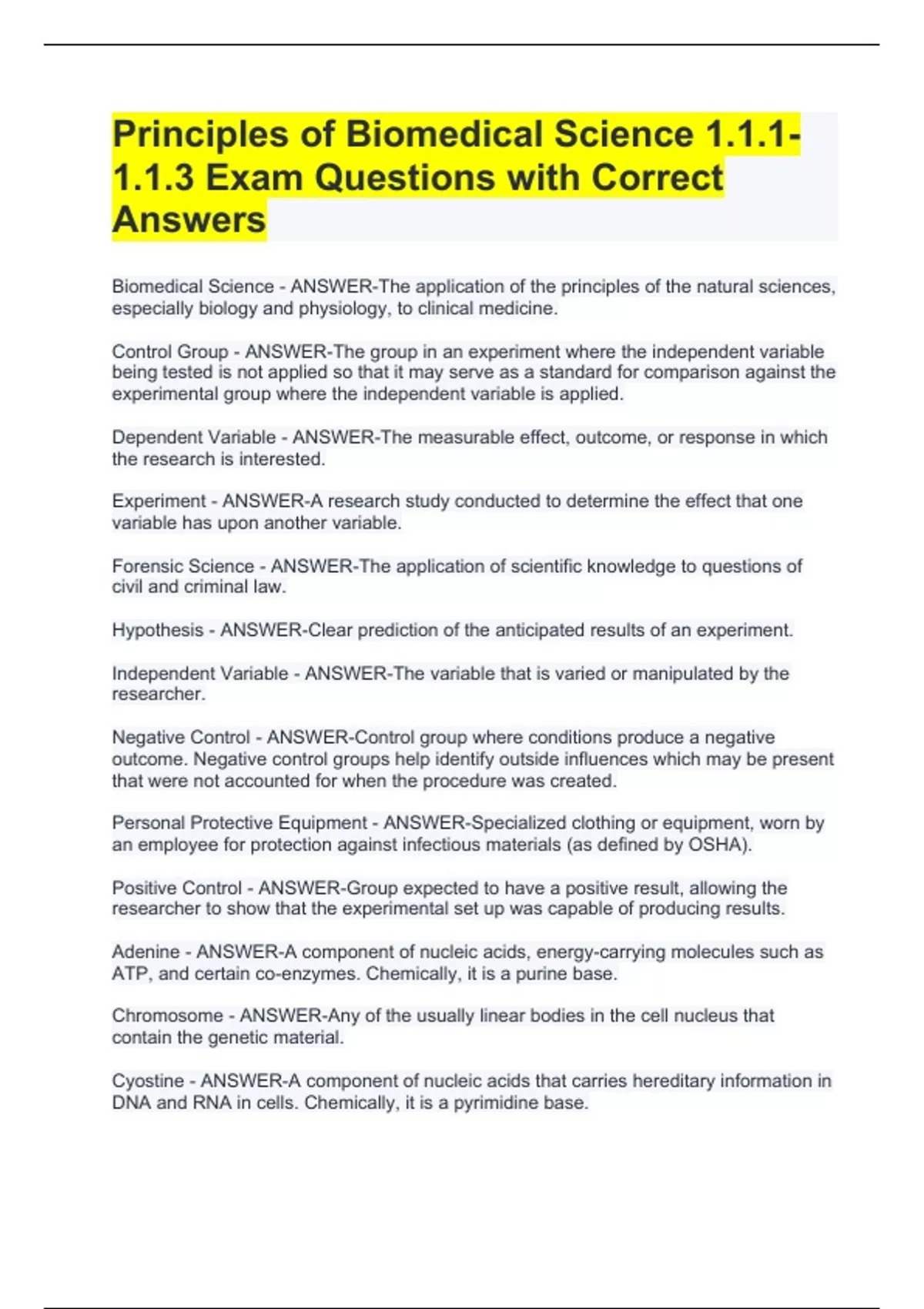 Principles of Biomedical Science 1.1.1-1.1.3 Exam Questions with ...