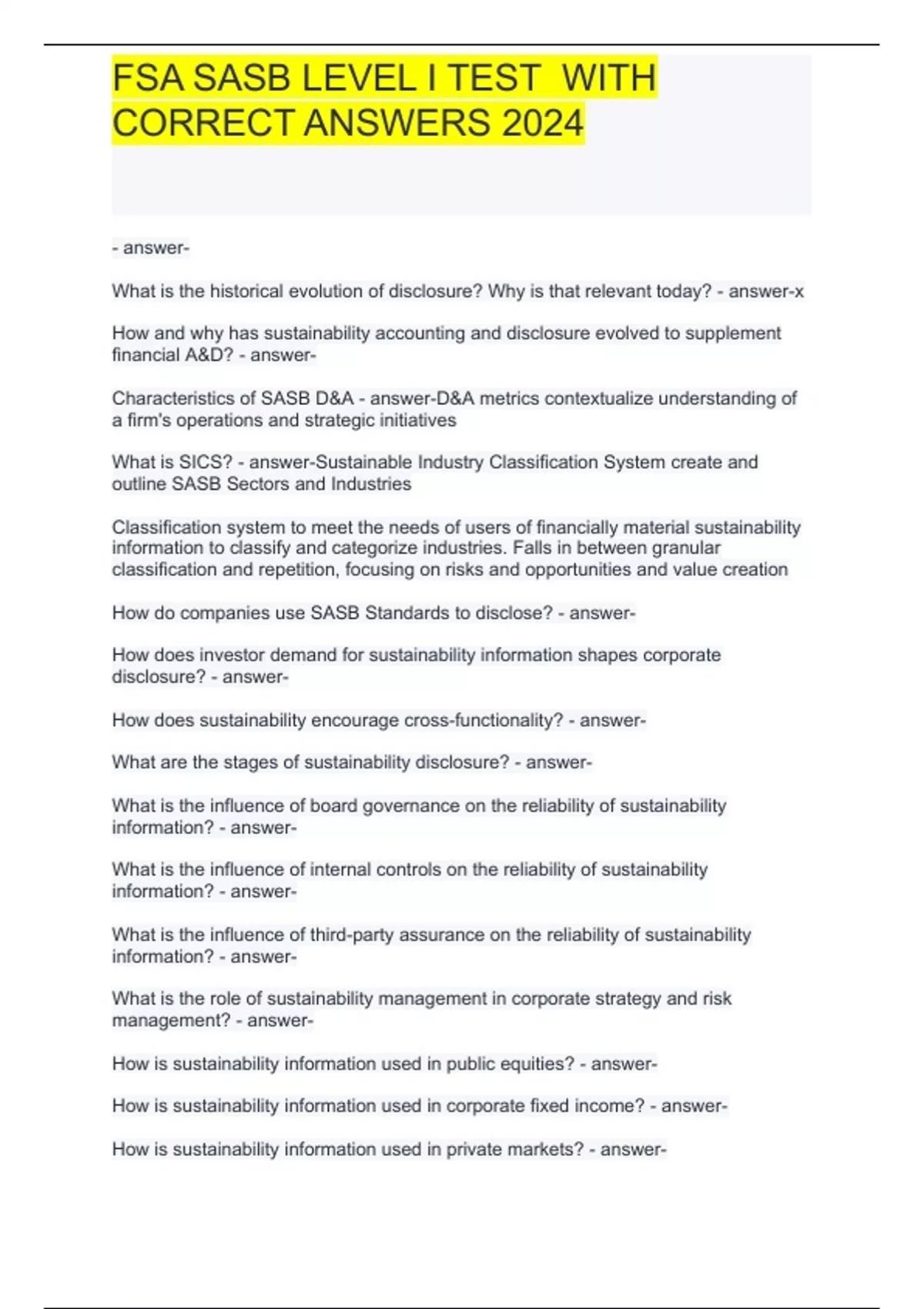 FSA SASB LEVEL I TEST WITH CORRECT ANSWERS 2024 - FSA - Stuvia US