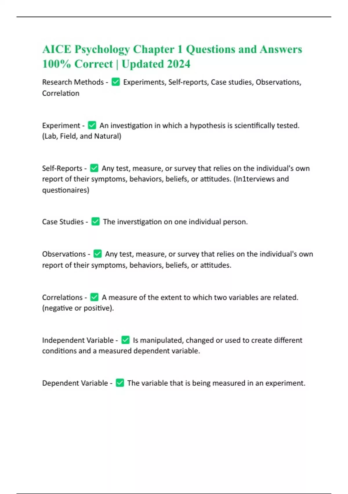 AICE Psychology Chapter 1 Questions and Answers 100% Correct | Updated 2024 - AICE - Stuvia US