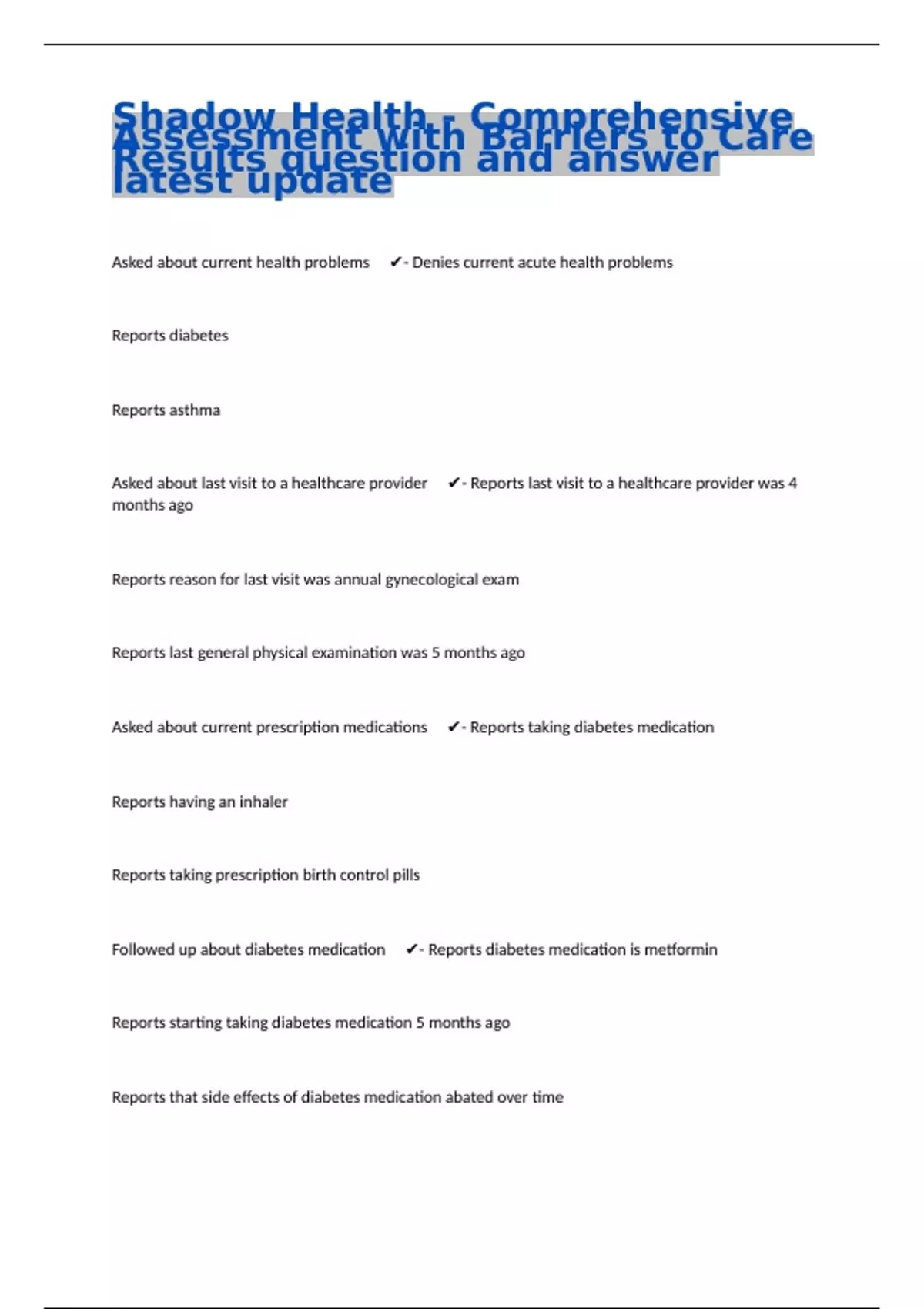 Shadow Health - Comprehensive Assessment with Barriers to Care Results ...
