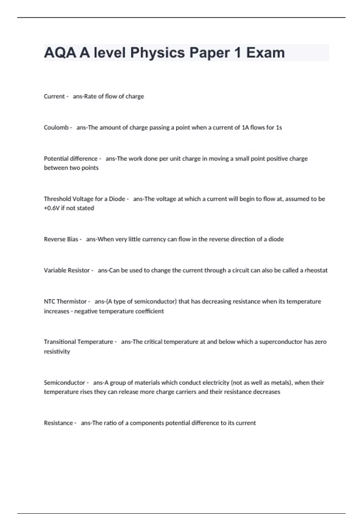 AQA A level Physics Paper 1 Exam - AQA Physics - Stuvia US