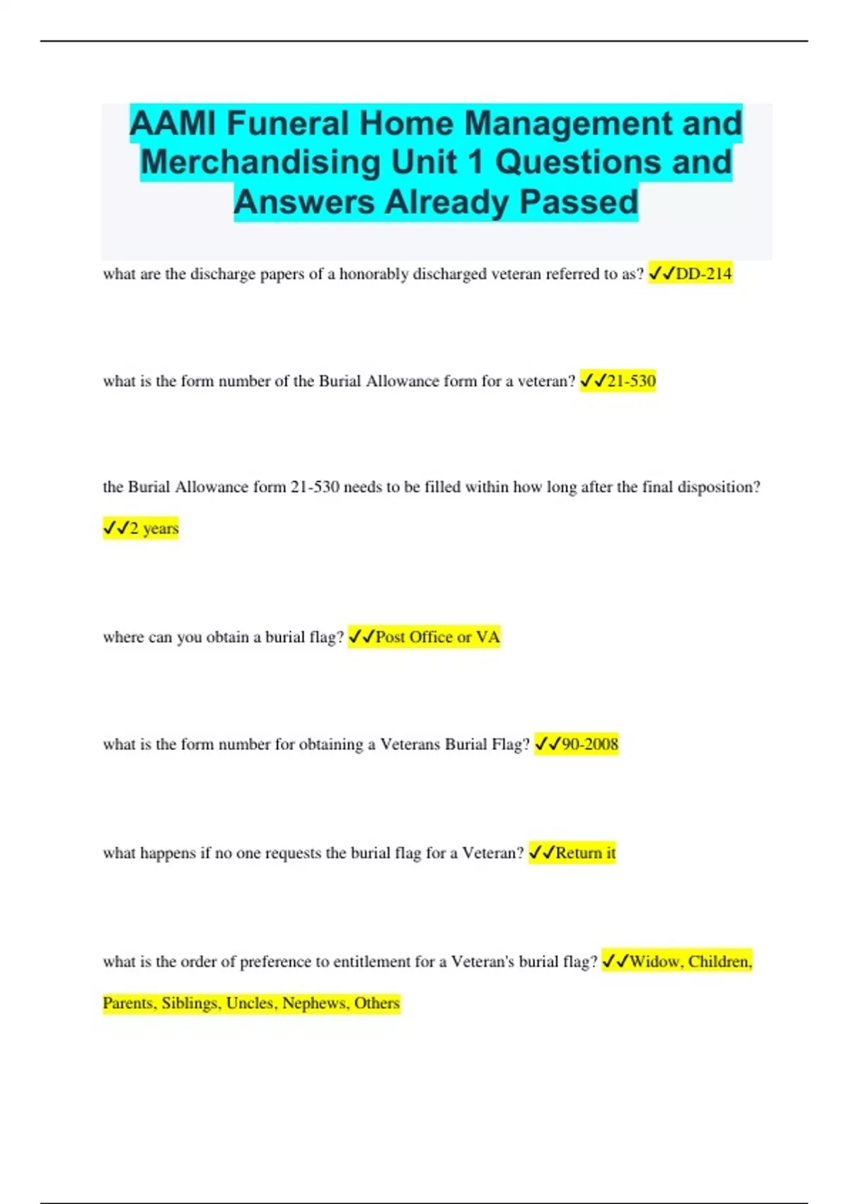 AAMI Funeral Home Management and Merchandising Bundled Exams Questions ...