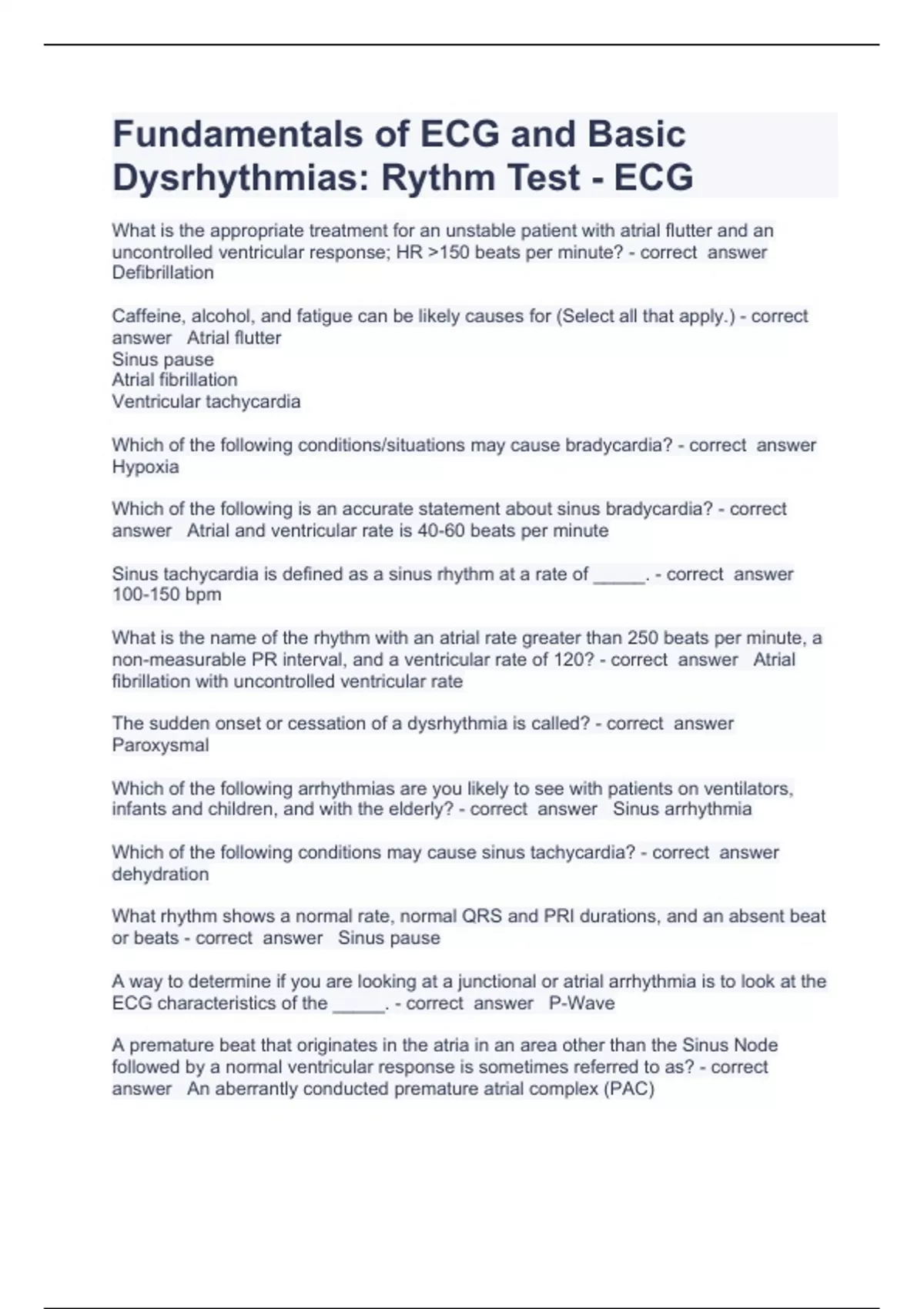Fundamentals of ECG and Basic Dysrhythmias questions and answers ...
