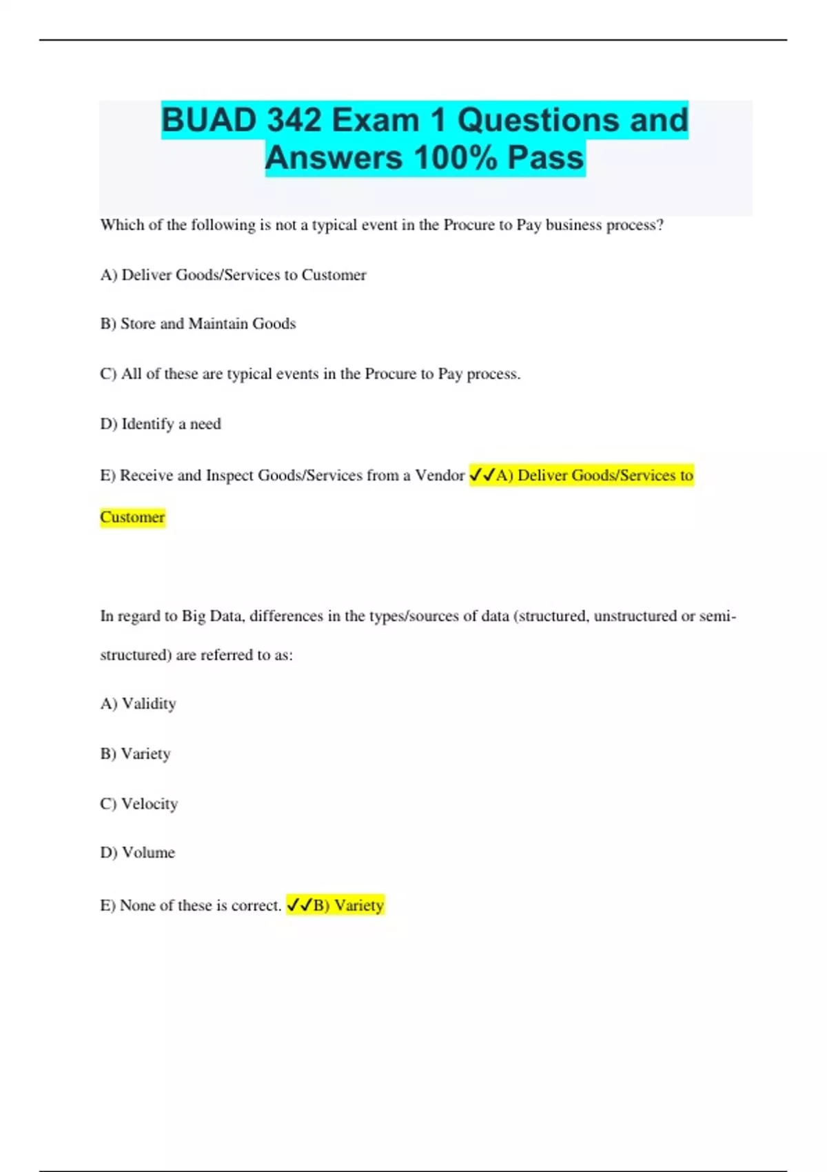 BUAD 342 Exam 1 Questions and Answers 100% Pass - BUAD 342 - Stuvia US