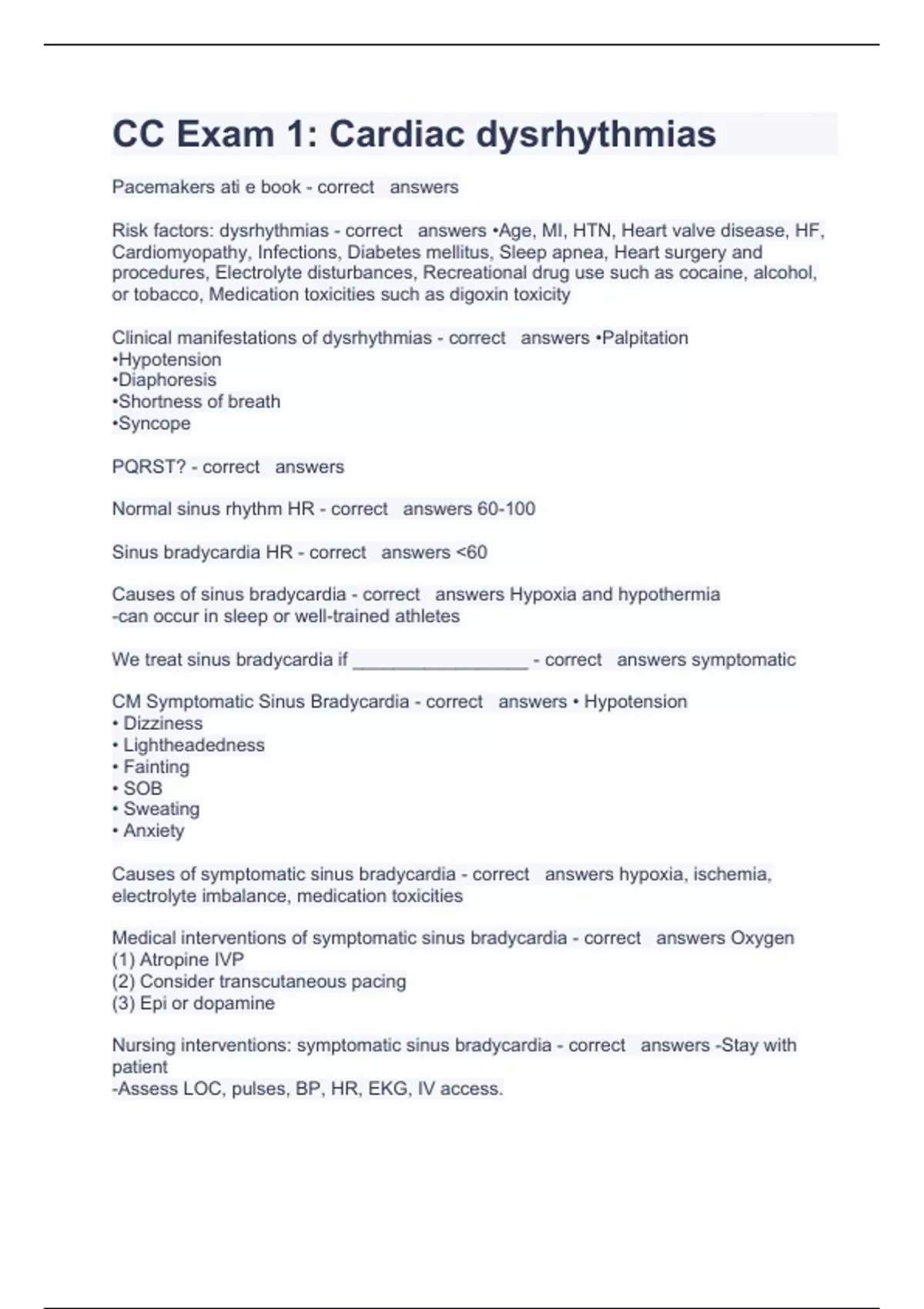 CC Exam 1 questions and answers verified 2024 - Dysrhythmias - Stuvia US