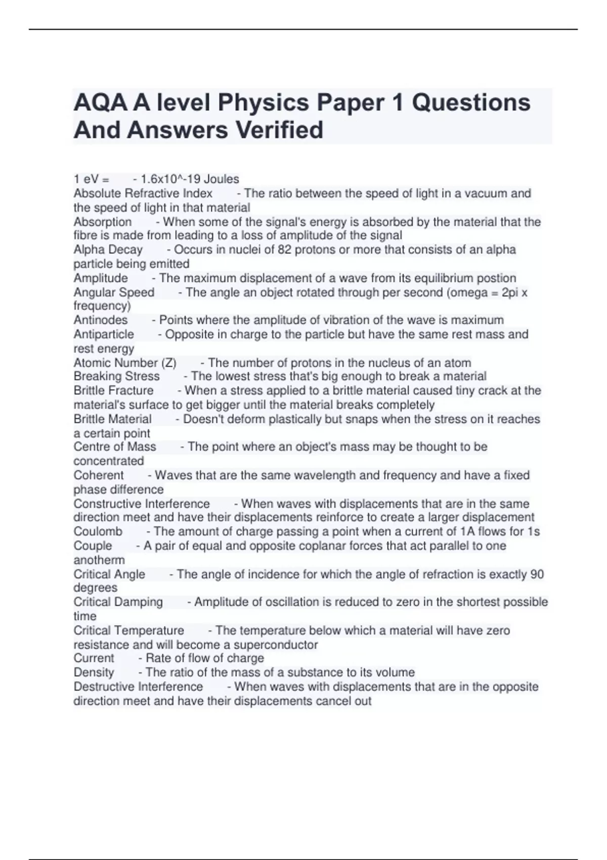 AQA A level Physics Paper 1 - AQA A - Stuvia US