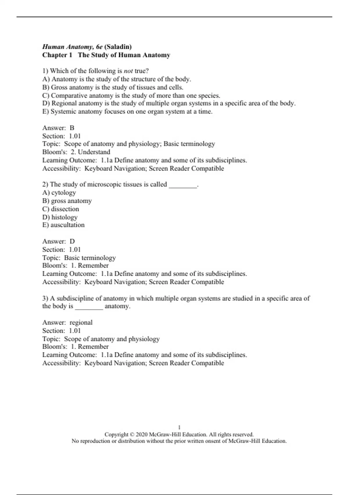 Test Bank - Human Anatomy, 6th Edition by Kenneth Saladin - Human ...