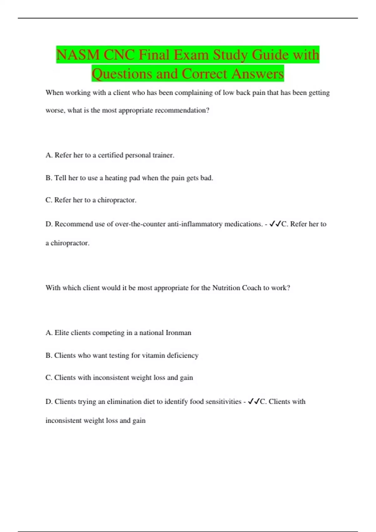 NASM CNC Final Exam Study Guide with Questions and Correct Answers ...