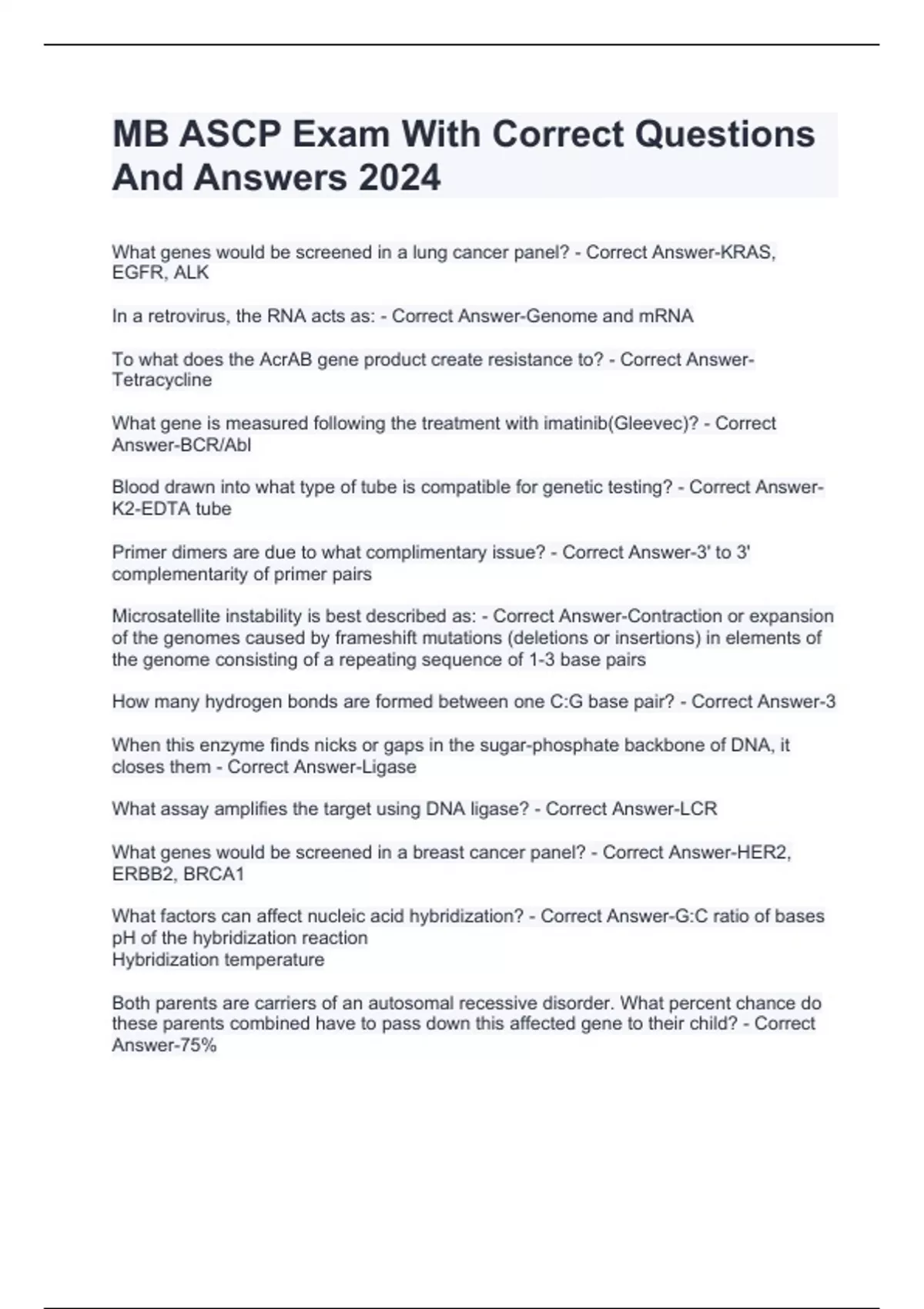 MB ASCP Exam With Correct Questions And Answers 2024 - MB ASCP - Stuvia US