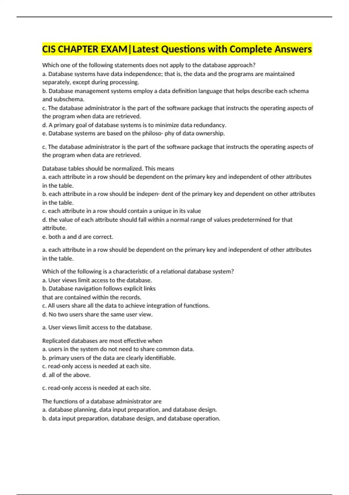 CIS CHAPTER EXAM|Latest Questions with Complete Answers - CIS 105 ...