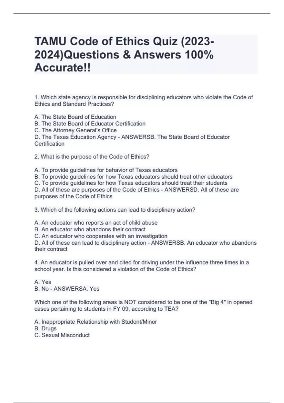 TAMU Code of Ethics Quiz ()Questions & Answers 100% Accurate!! - TAMU Code of Ethics - Stuvia US