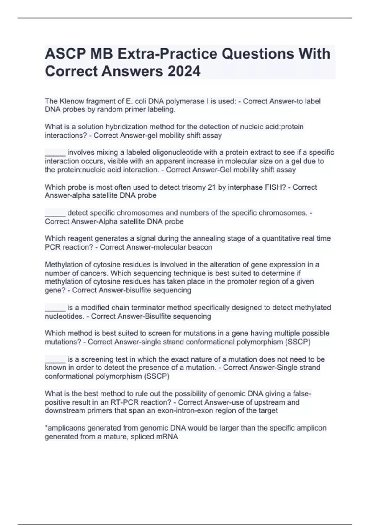 ASCP MB Extra-Practice Questions With Correct Answers 2024 - ASCP MB - Stuvia US