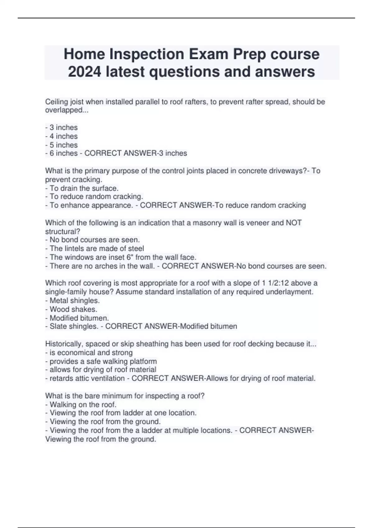 Home Inspection Exam Prep course 2024 latest questions and answers ...