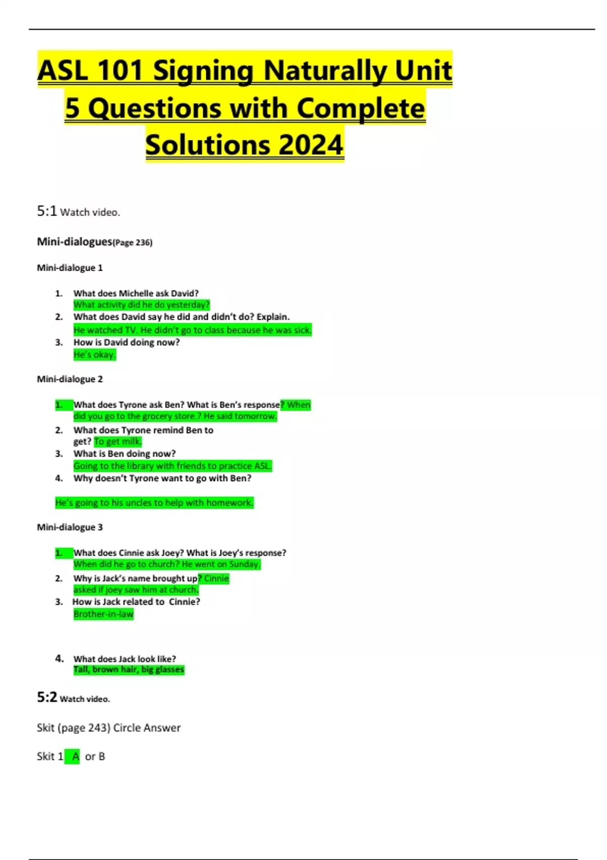 ASL 101 Signing Naturally Unit 5 Questions with Complete Solutions 2024 ...