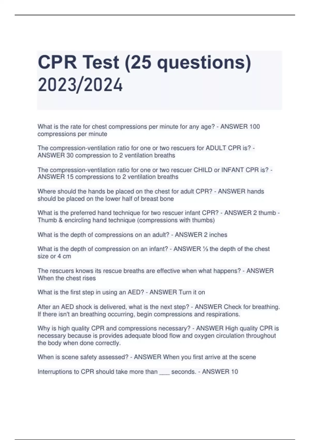 CPR Test (25 questions) 2023/2024 - CPR Tes - Stuvia US