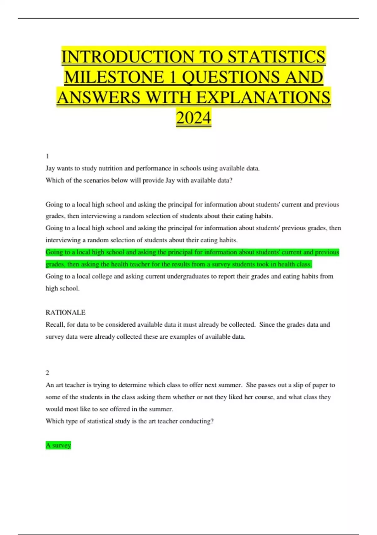 INTRODUCTION TO STATISTICS MILESTONE 1 QUESTIONS AND ANSWERS WITH ...