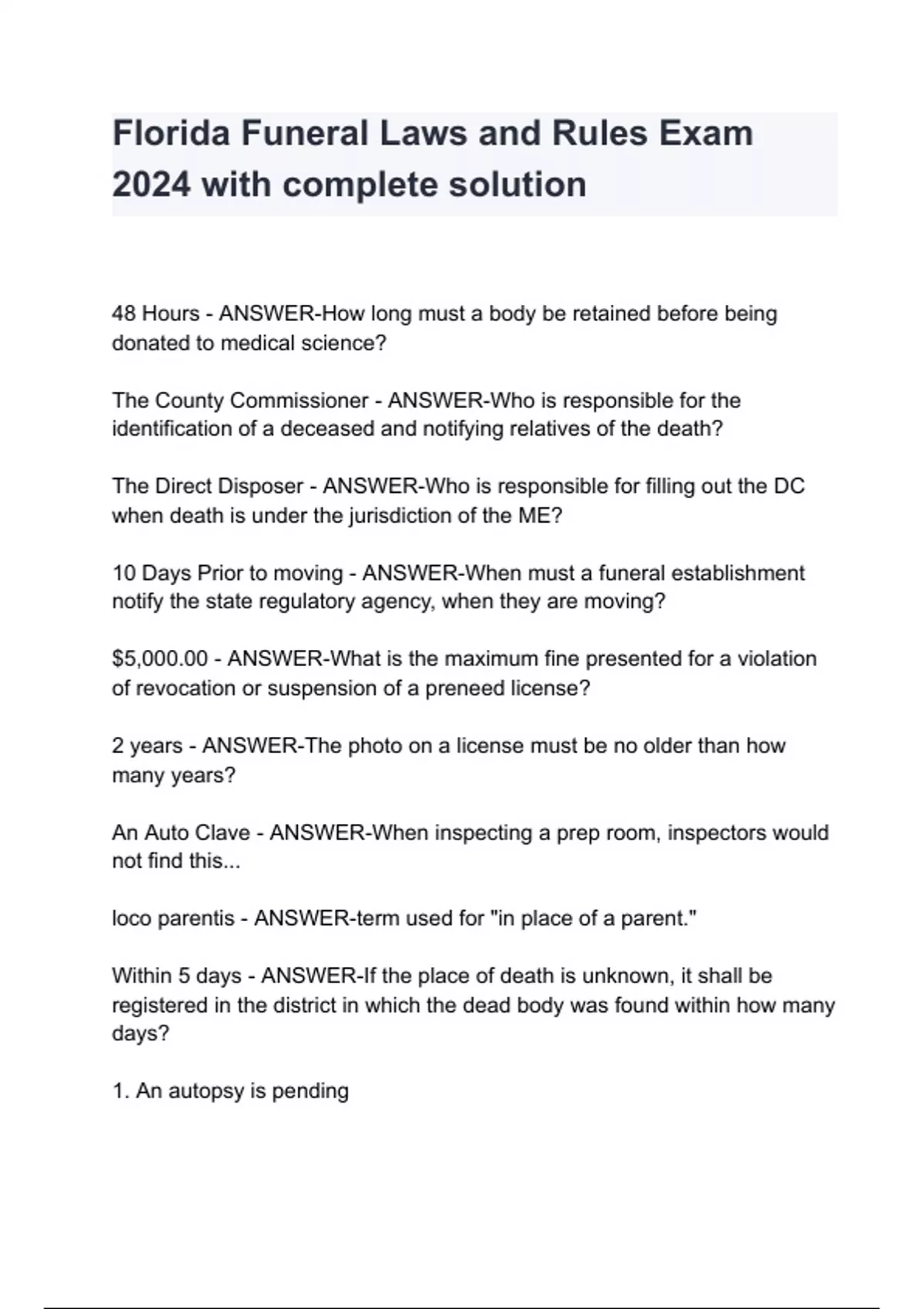 Florida Funeral Laws and Rules Exam 2024 with complete solution ...