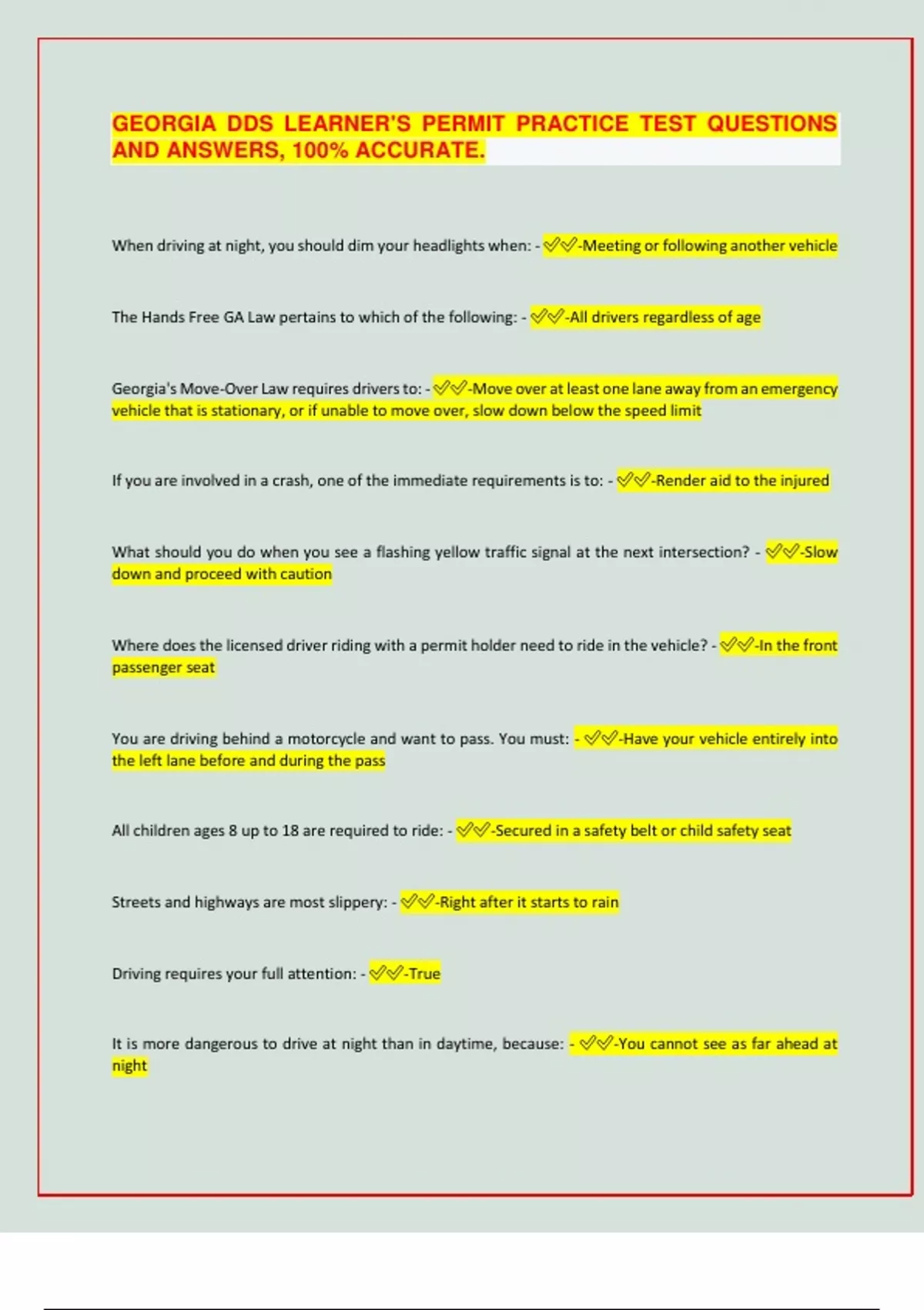 GEORGIA DDS LEARNER'S PERMIT PRACTICE TEST QUESTIONS AND ANSWERS, 100% ...