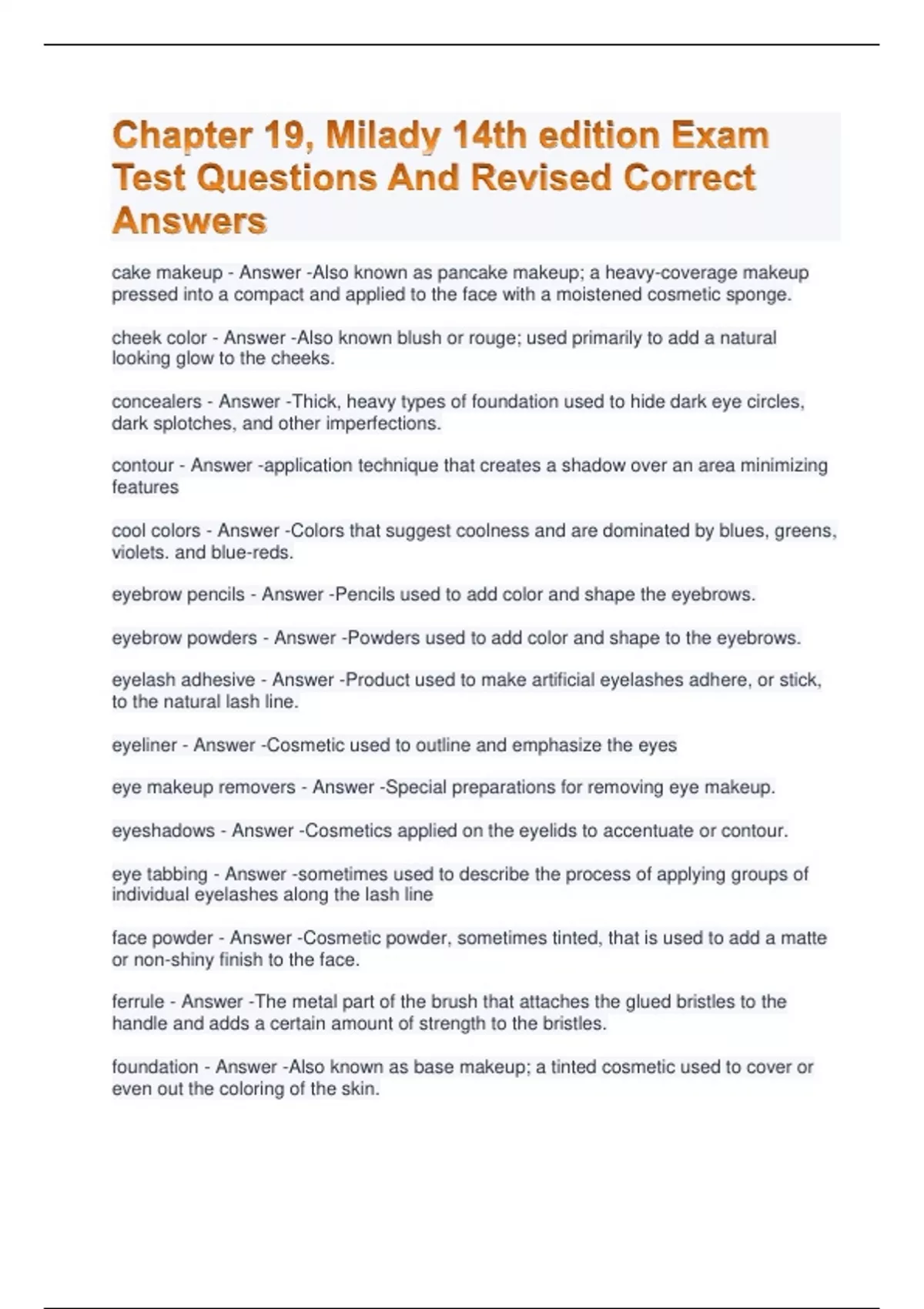 Chapter 19, Milady 14th edition Exam Test Questions And Revised Correct ...