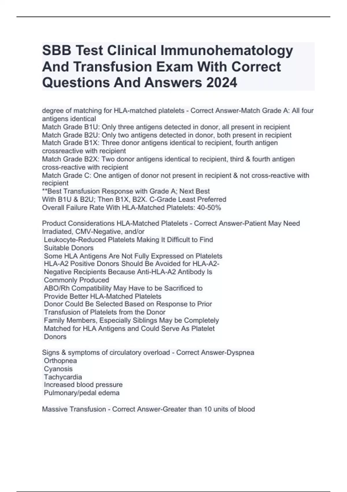 SBB Test Clinical Immunohematology And Transfusion Exam With Correct ...