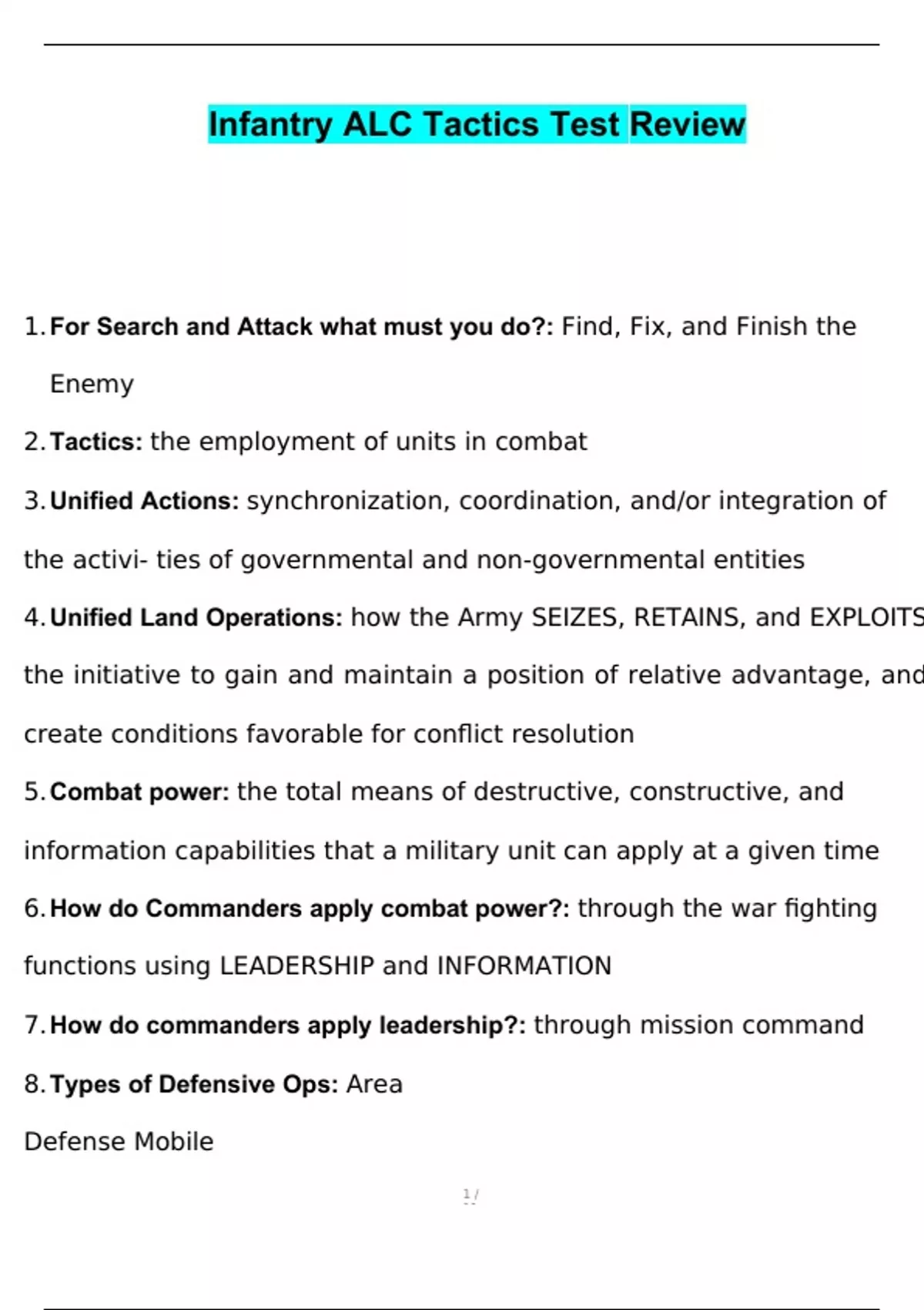 Infantry ALC Tactics Test Review Questions with 100% Correct Answers ...
