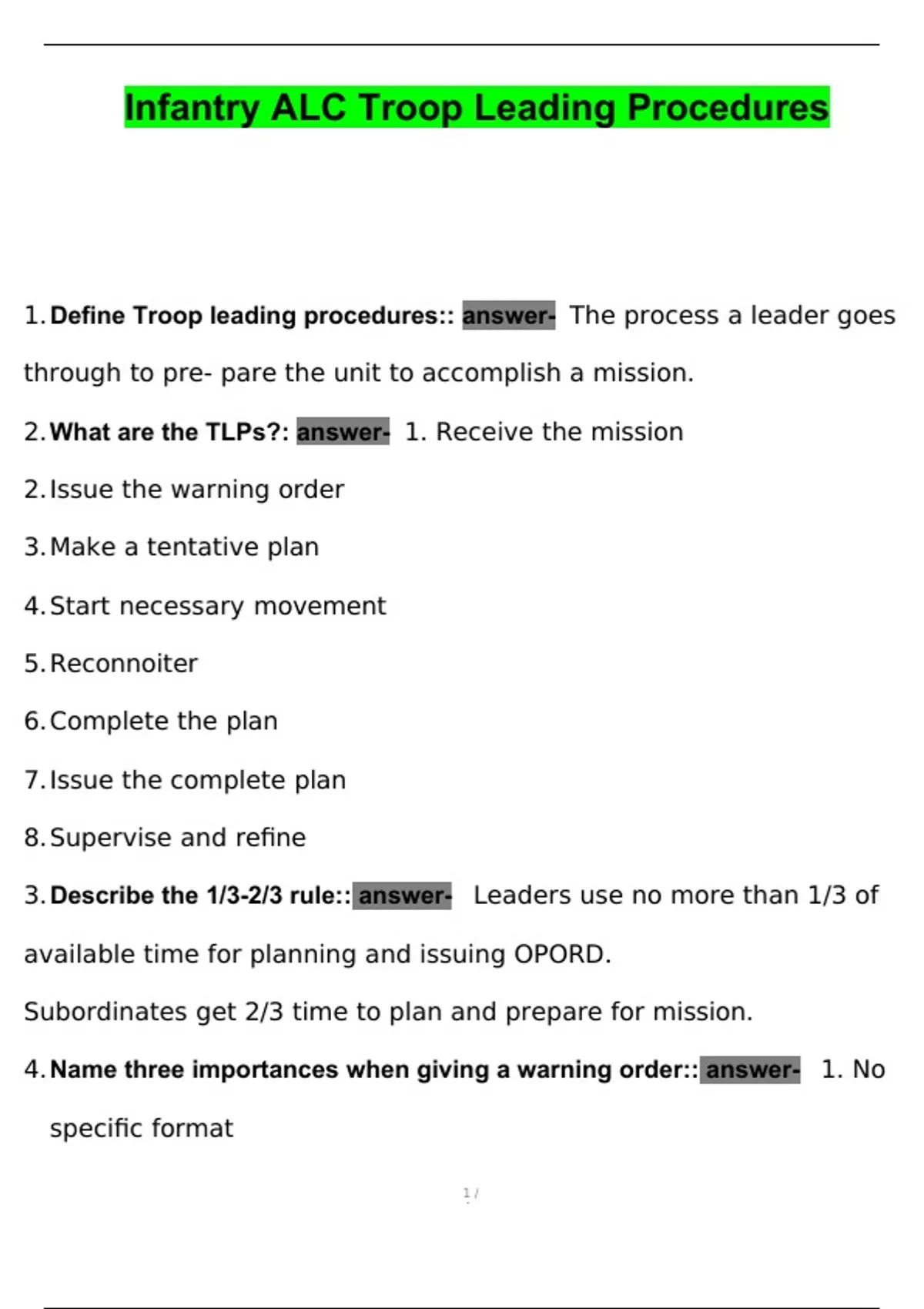 Infantry ALC Troop Leading Procedures Exam Questions with 100% Correct ...