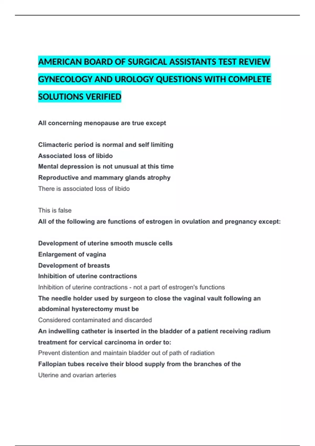 AMERICAN BOARD OF SURGICAL ASSISTANTS TEST REVIEW GYNECOLOGY AND ...