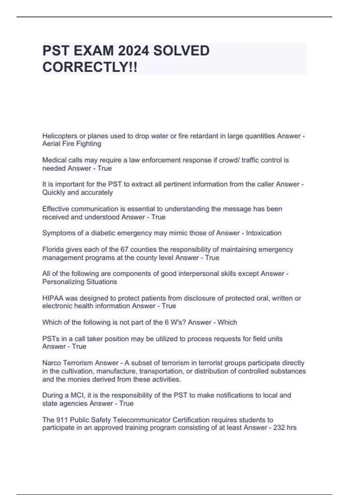 PST EXAM 2024 SOLVED CORRECTLY!! - PST - Stuvia US
