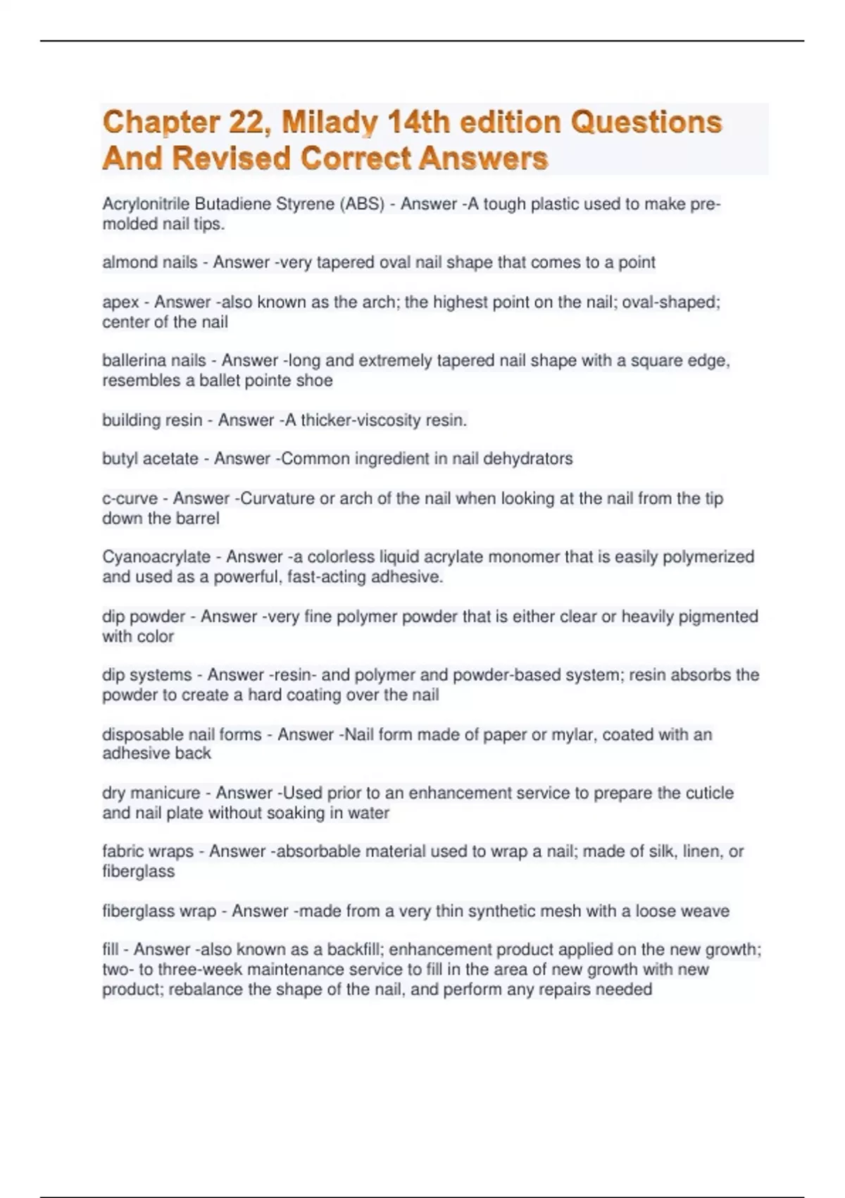 Chapter 22, Milady 14th edition Questions And Revised Correct Answers - Milady 14th edition ...