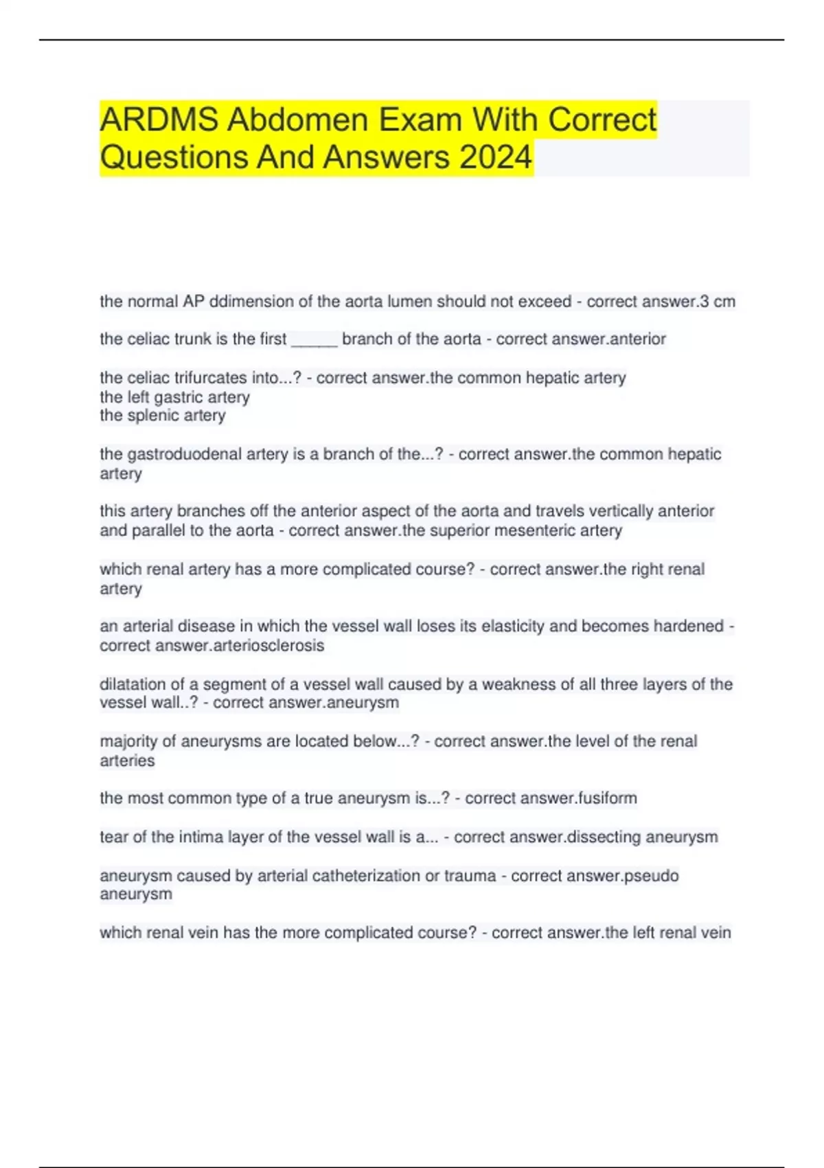 ARDMS Abdomen Exam With Correct Questions And Answers 2024 - ARDMS Abdomen - Stuvia US
