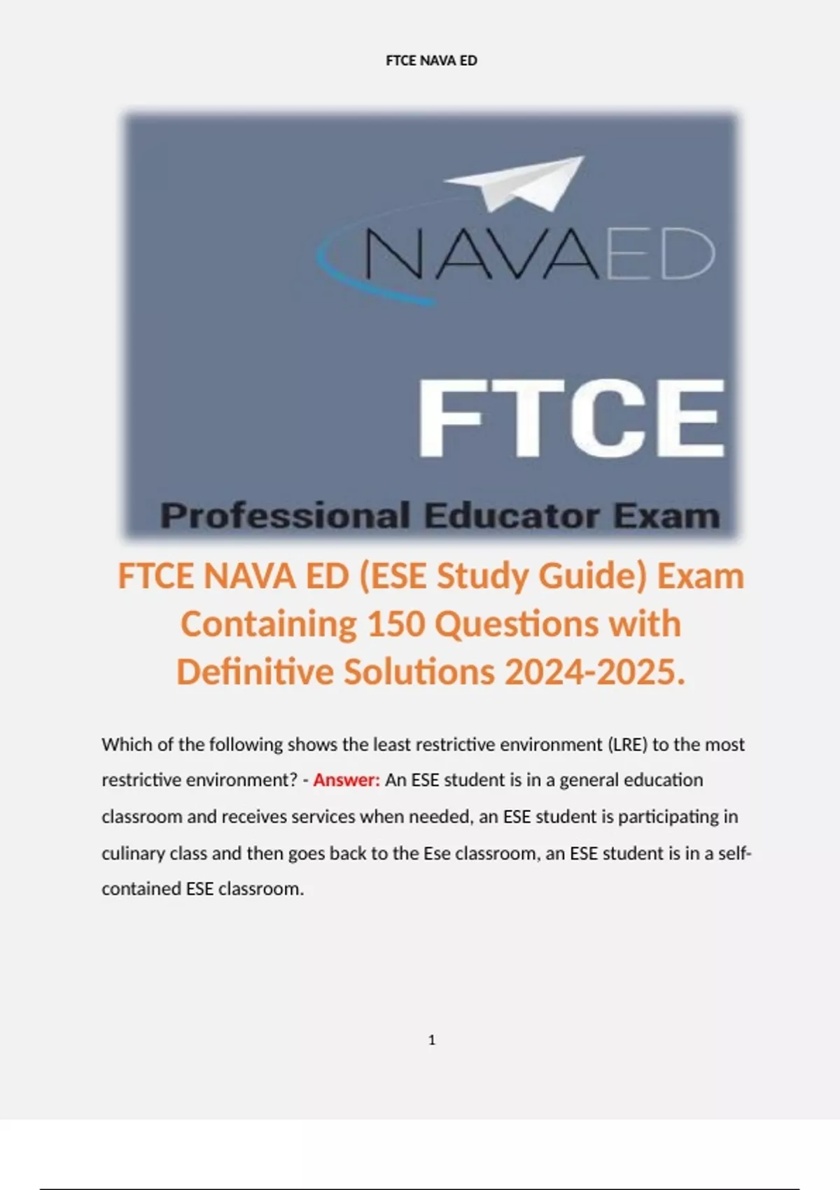 FTCE NAVA ED (ESE Study Guide) Exam Containing 150 Questions with Definitive Solutions . - FTCE ...