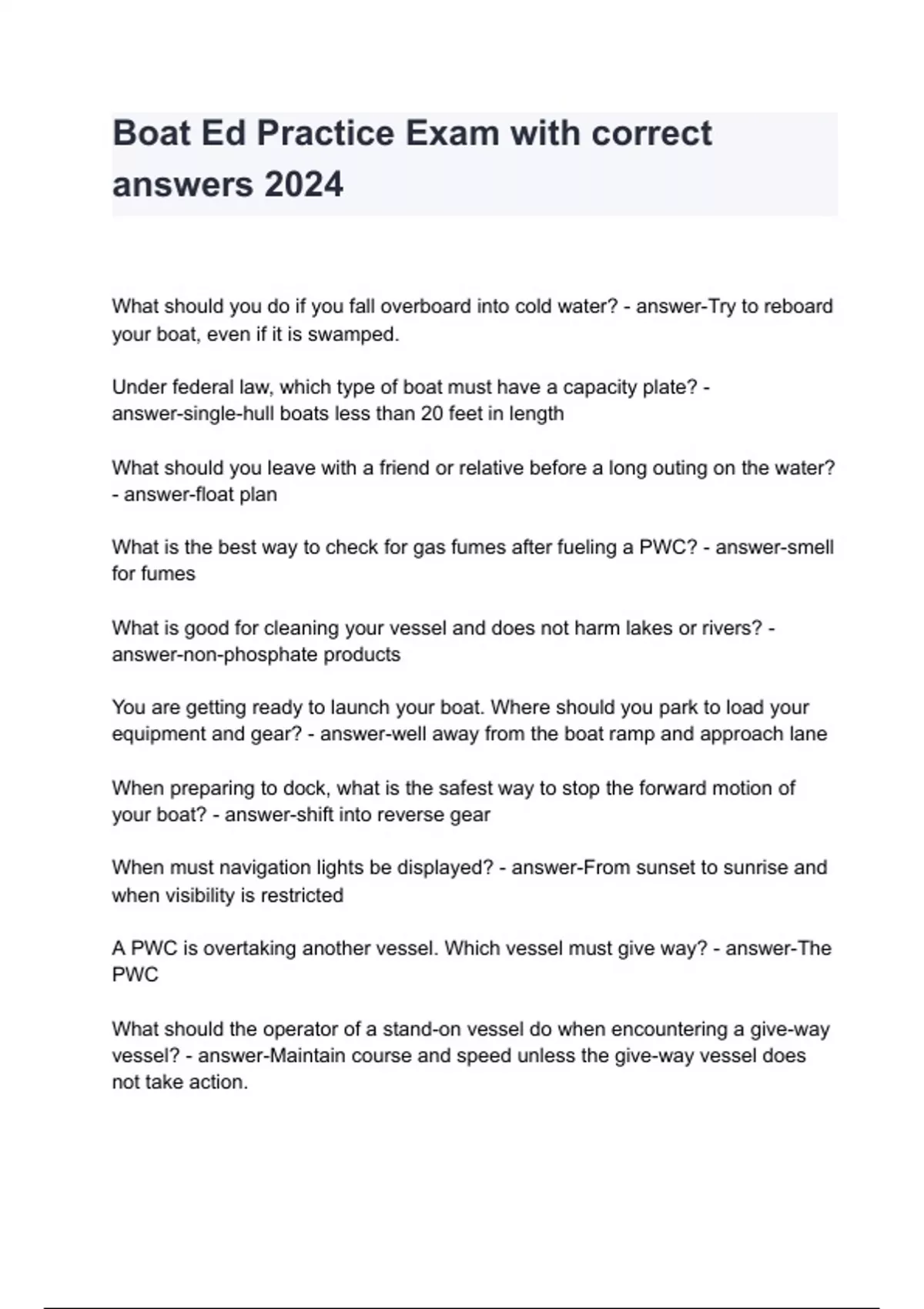 Boat Ed Practice Exam with correct answers 2024 with complete solution ...
